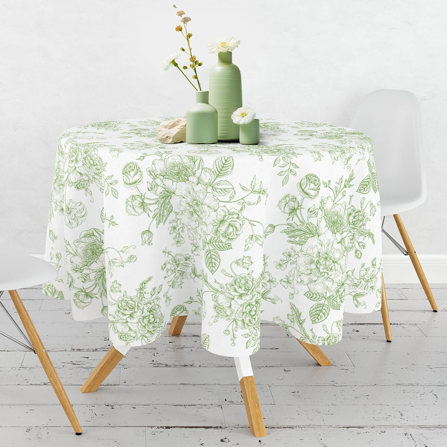 Green Floral Round Tablecloth 60 Inch Chinoiserie Flower Fabric Table ...