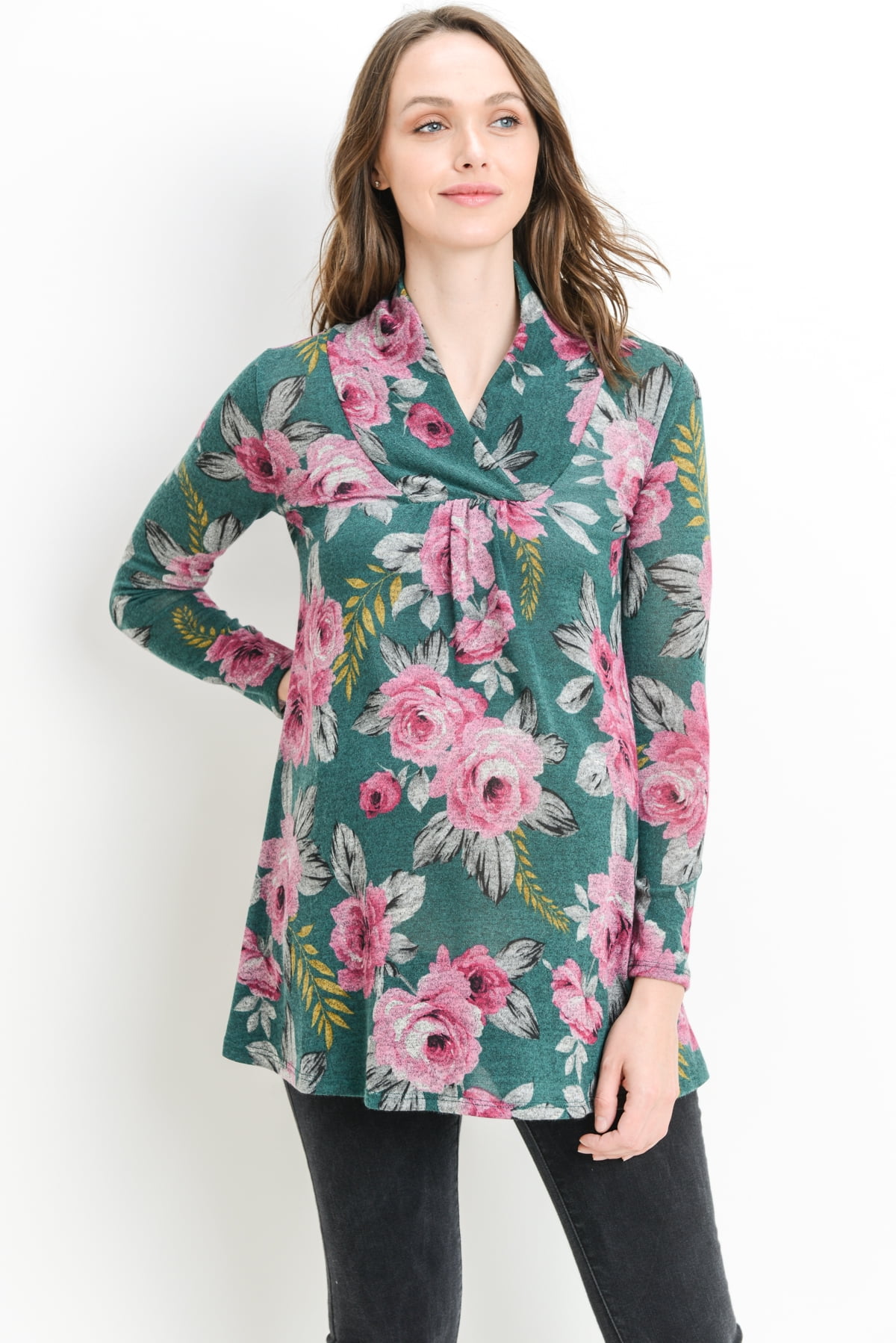 Green Floral Shawl Collar Maternity Tunic Sweater - Walmart.com