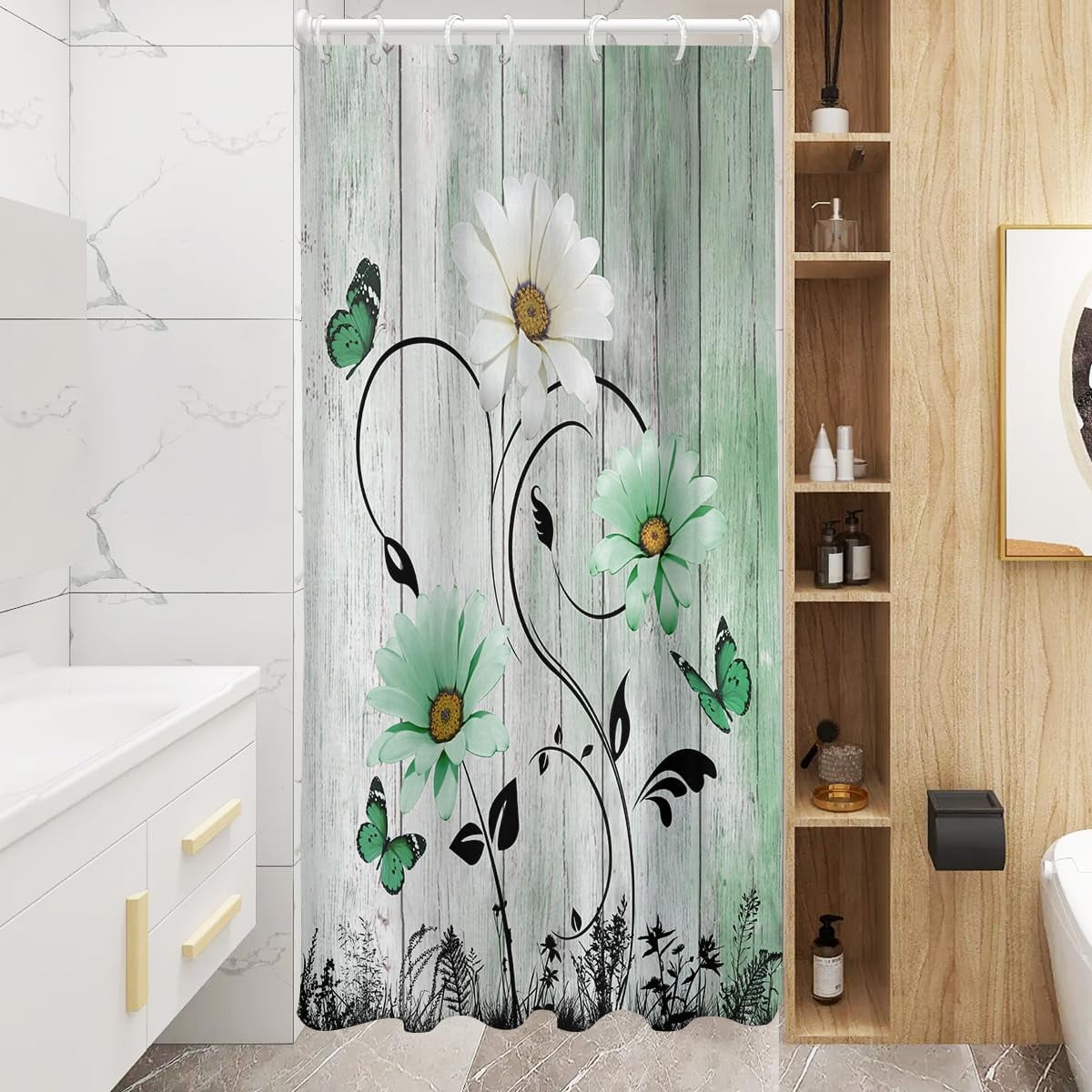 Green Floral Shower Curtain Stall Small Half Narrow Single Walk in Dorm Standing Stand Up Flower ...
