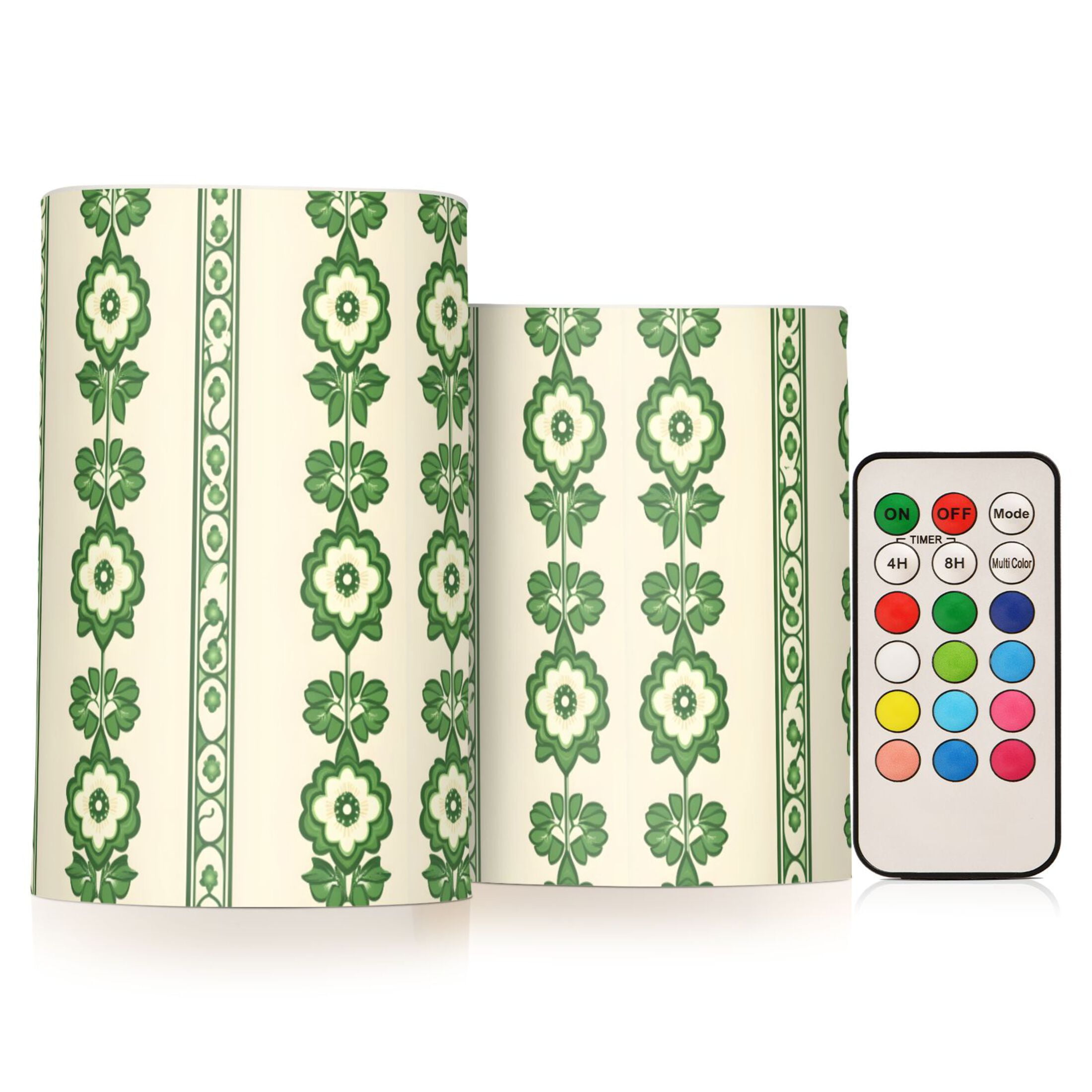 Green Floral Stripes Flameless LED Candle Set with Remote, Battery ...