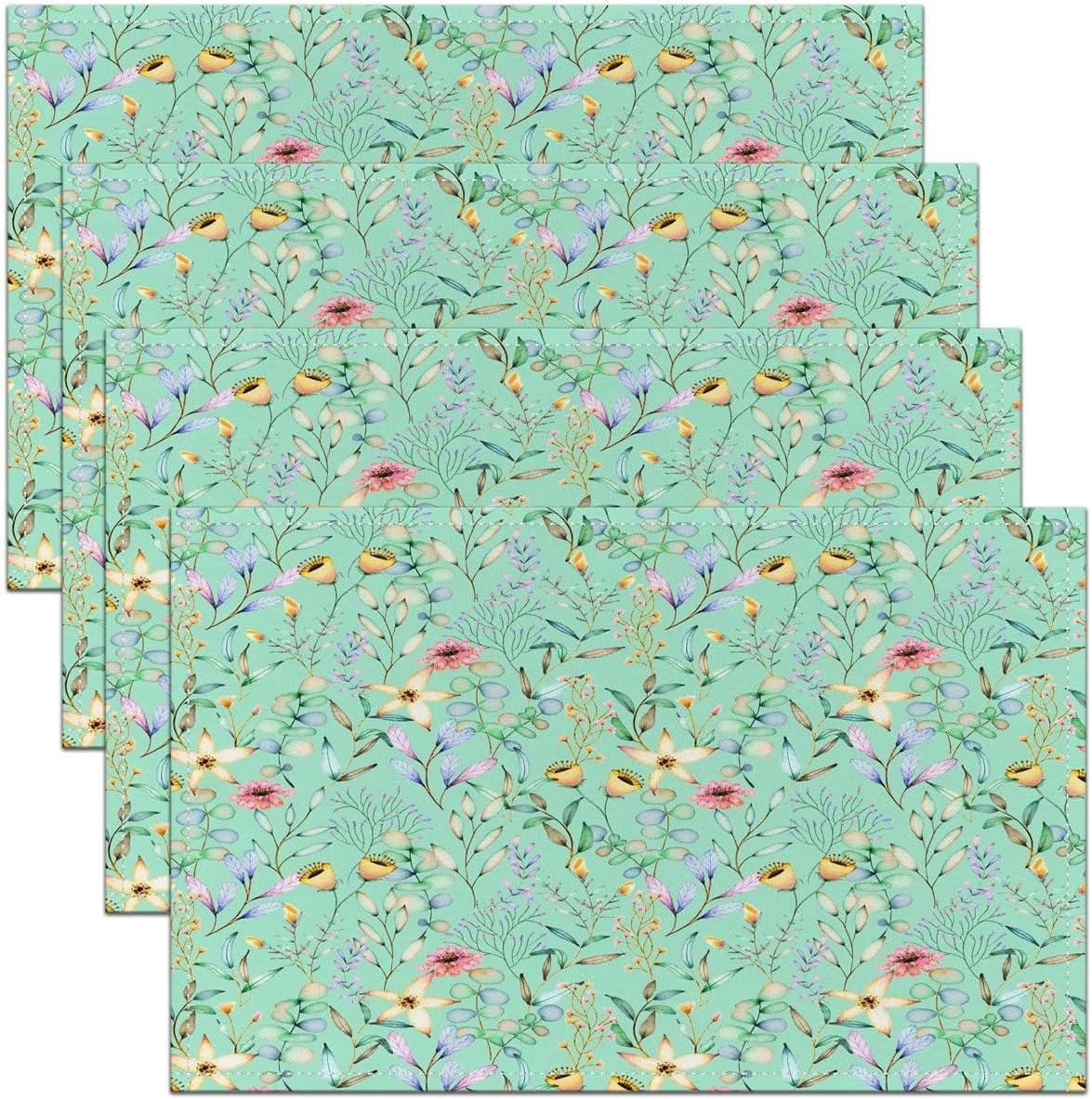 Green Floral Table Place Mats Yellow Flowers and Green Leaves Placemats ...