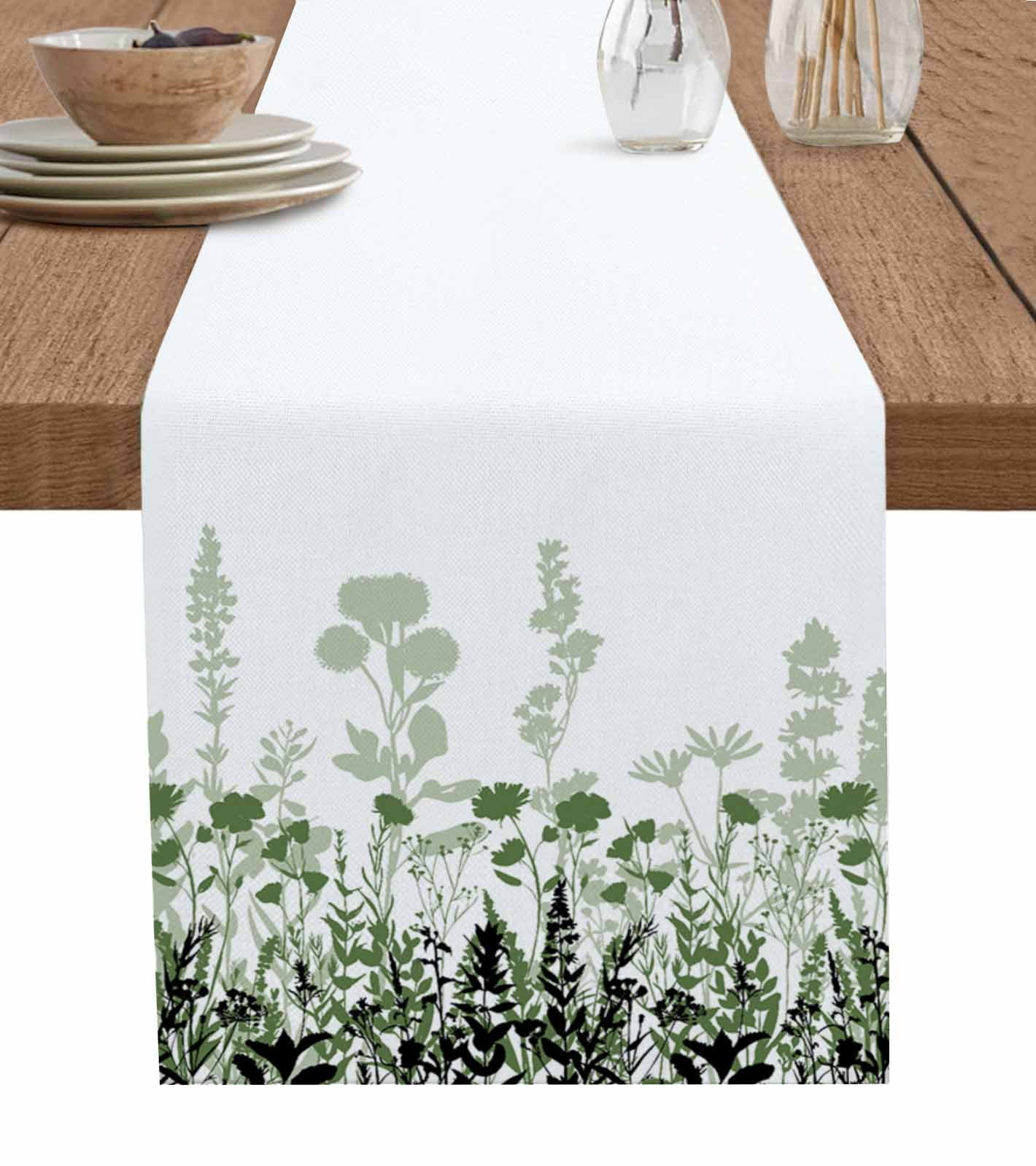 Green Floral Table Runner 72 Inches, Spring Flowers Herb Silhouette ...
