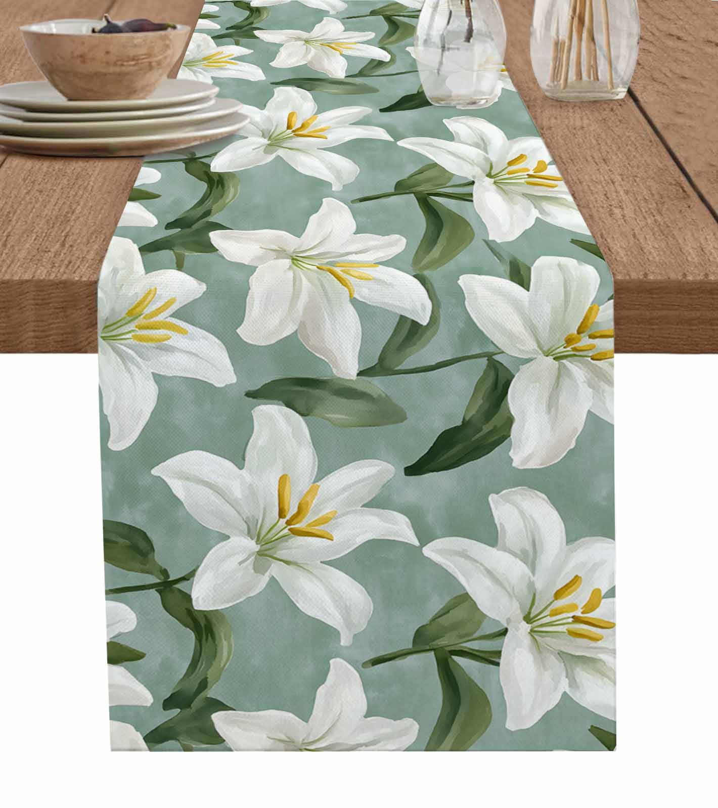 Green Floral Table Runner 72 Inches, Watercolor Botanical Blossom Motif ...