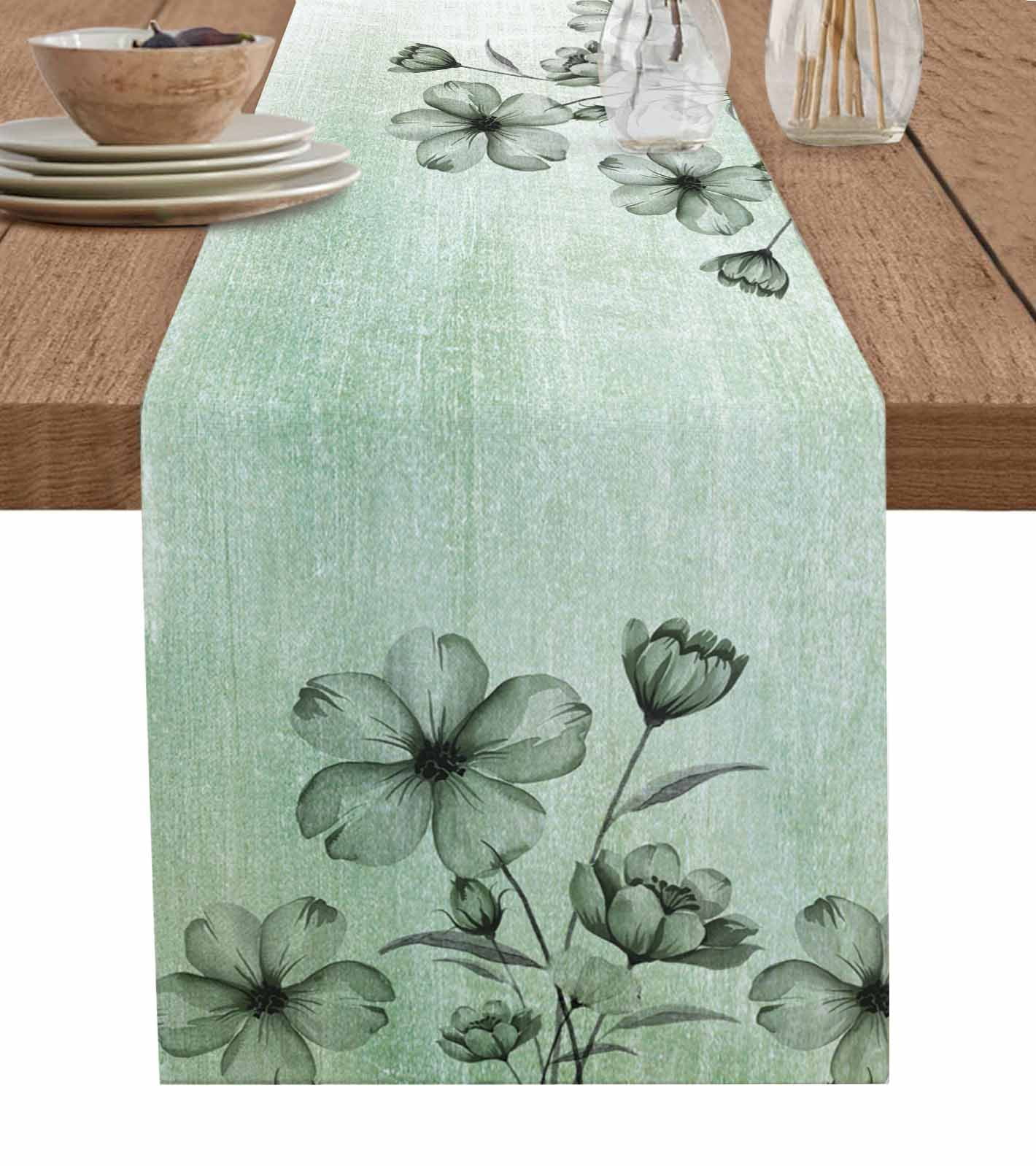 Green Floral Table Runner Country Rustic Ombre Painting Art Watercolor ...