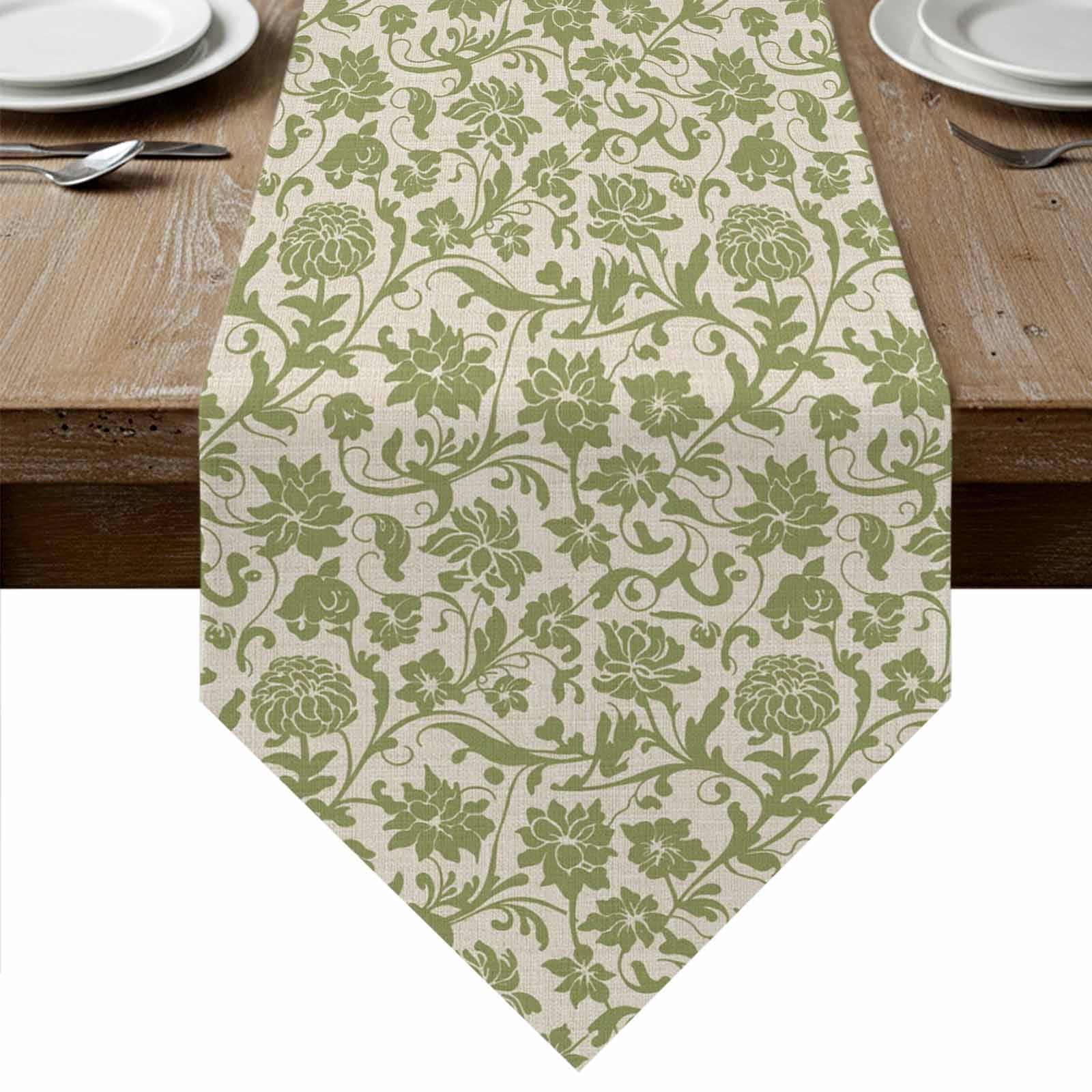 Green Floral Table Runner Linen Burlap Table Runner 36 Inches Small ...