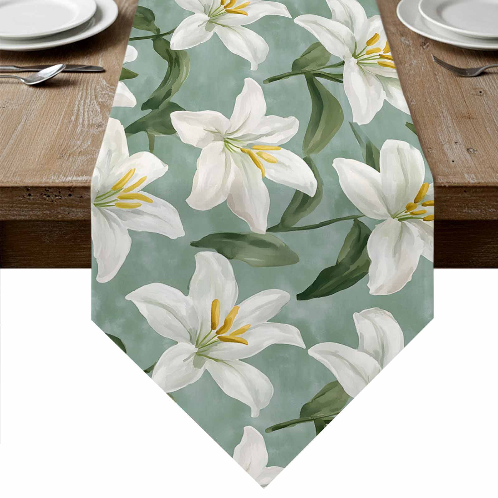 Green Floral Table Runner Linen Burlap Table Runner 60 Inches Long ...