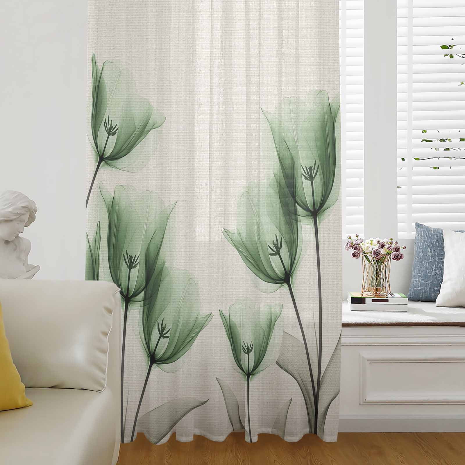 Green Floral Window Curtain 96 Inches Long,Elegant Tulip Vintage ...