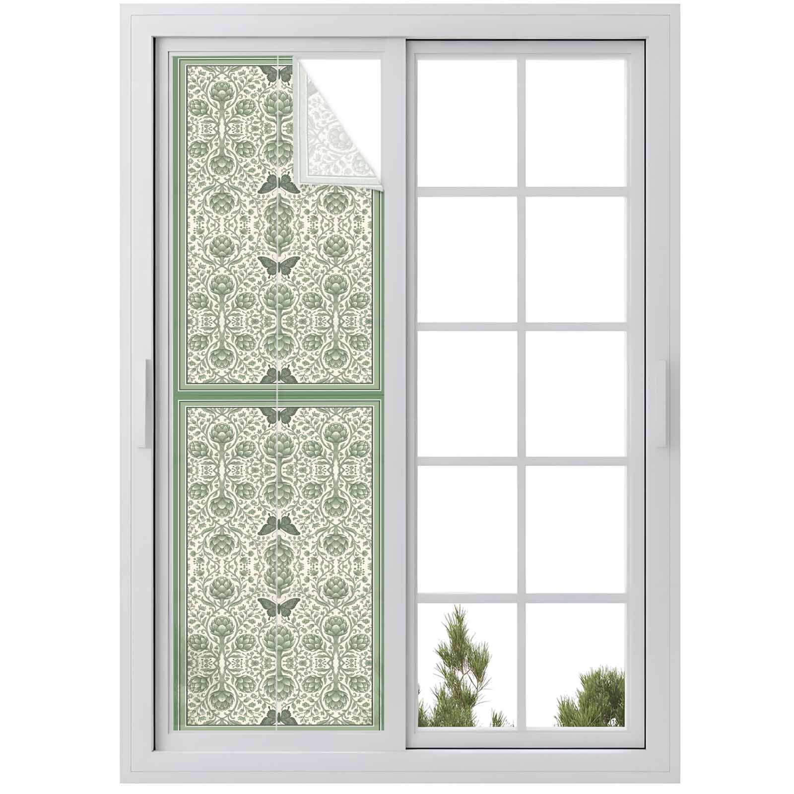 Green Floral Window Privacy Film, Retro Boho Victorian Green Flower ...