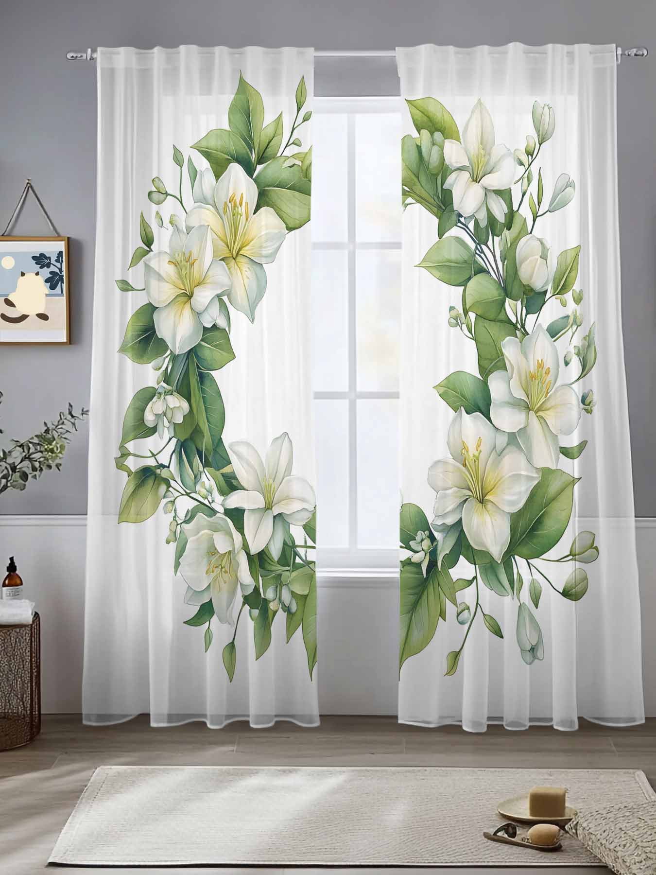 Green Floral Wreath Sheer Curtains for Living Room Bedroom Spring ...