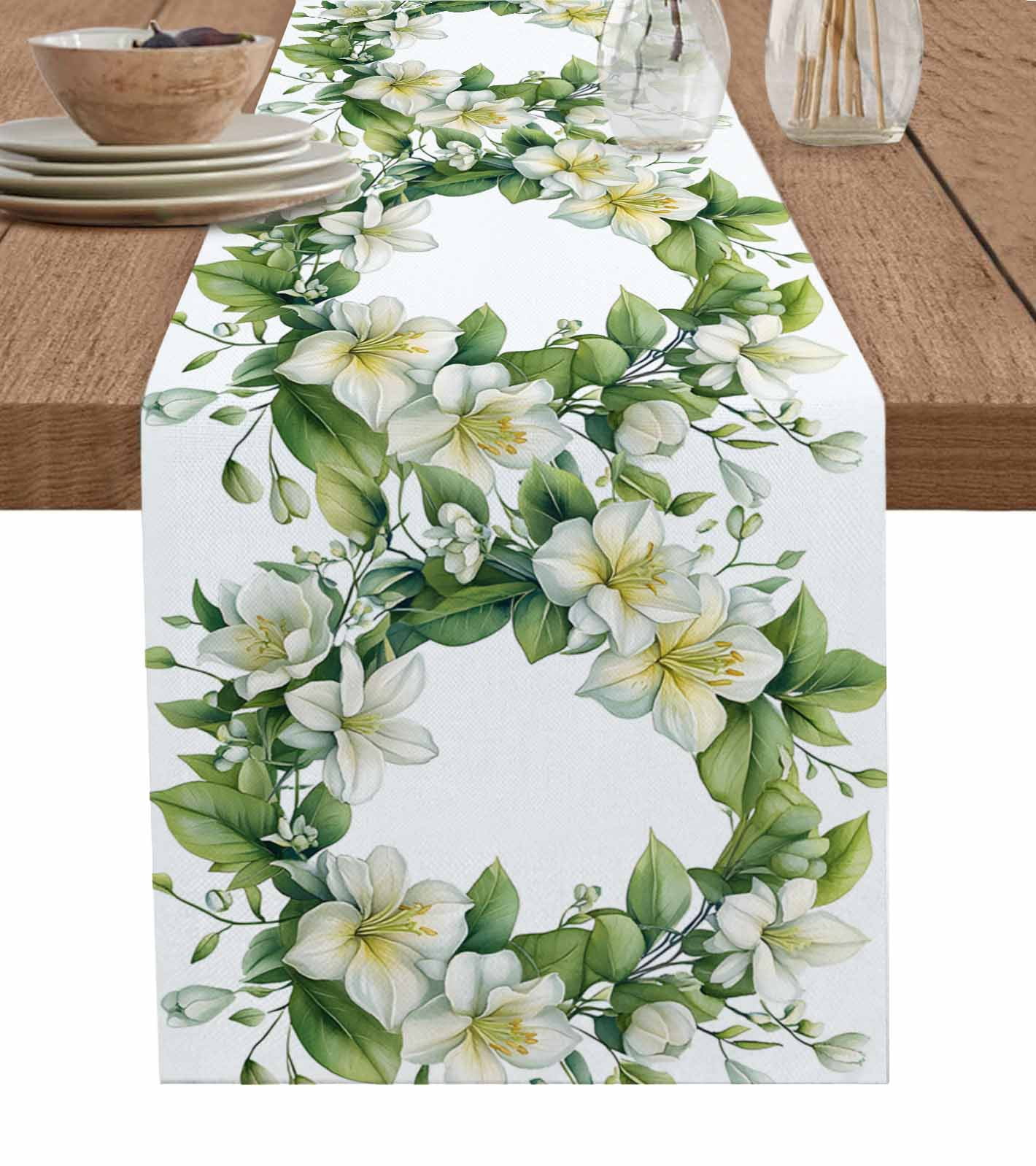 Green Floral Wreath Table Runner 72 Inches, Spring Farmhouse Blooms Bed ...
