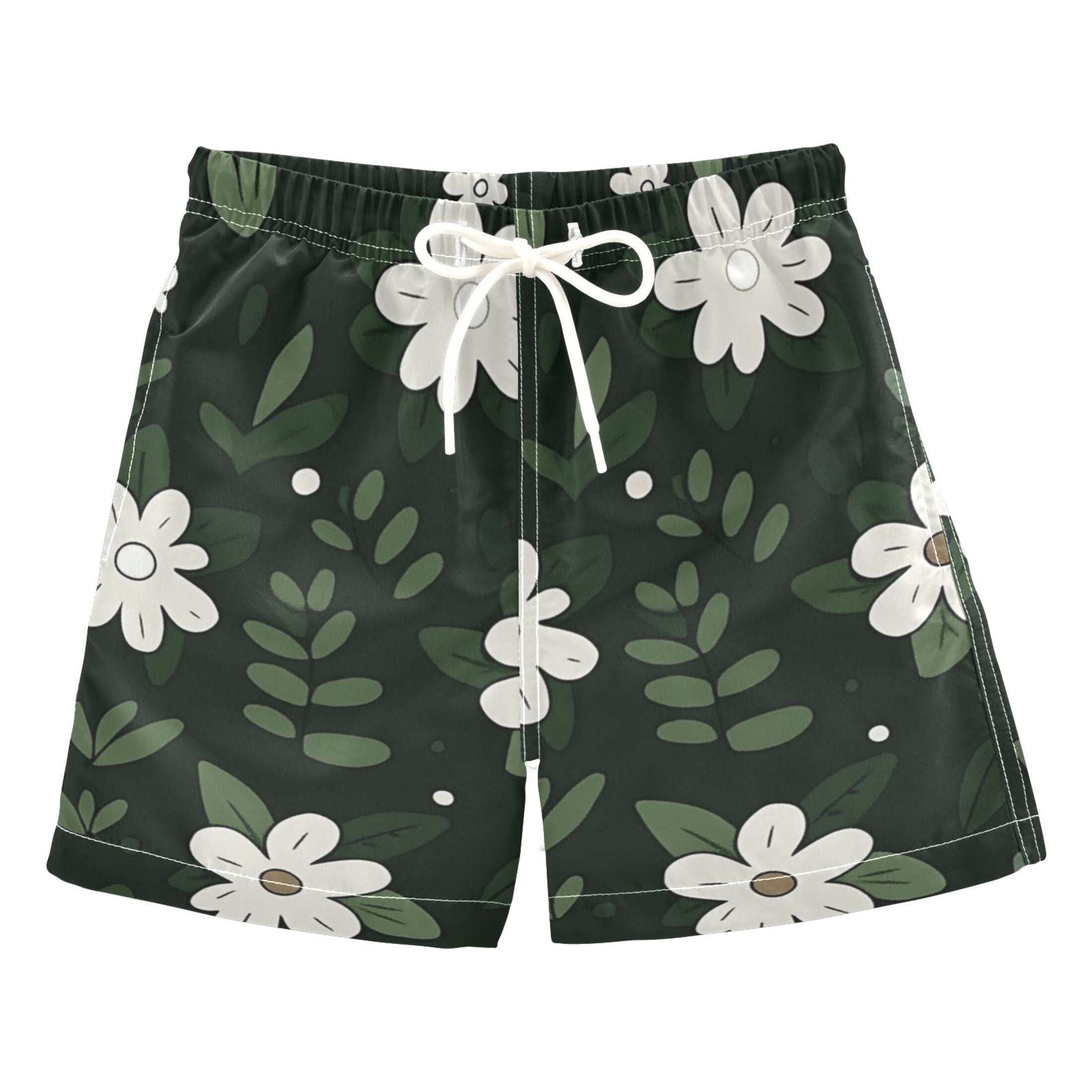Green Floral with White Flowers Boys Swim Trunks Quick Dry Boy Swim ...