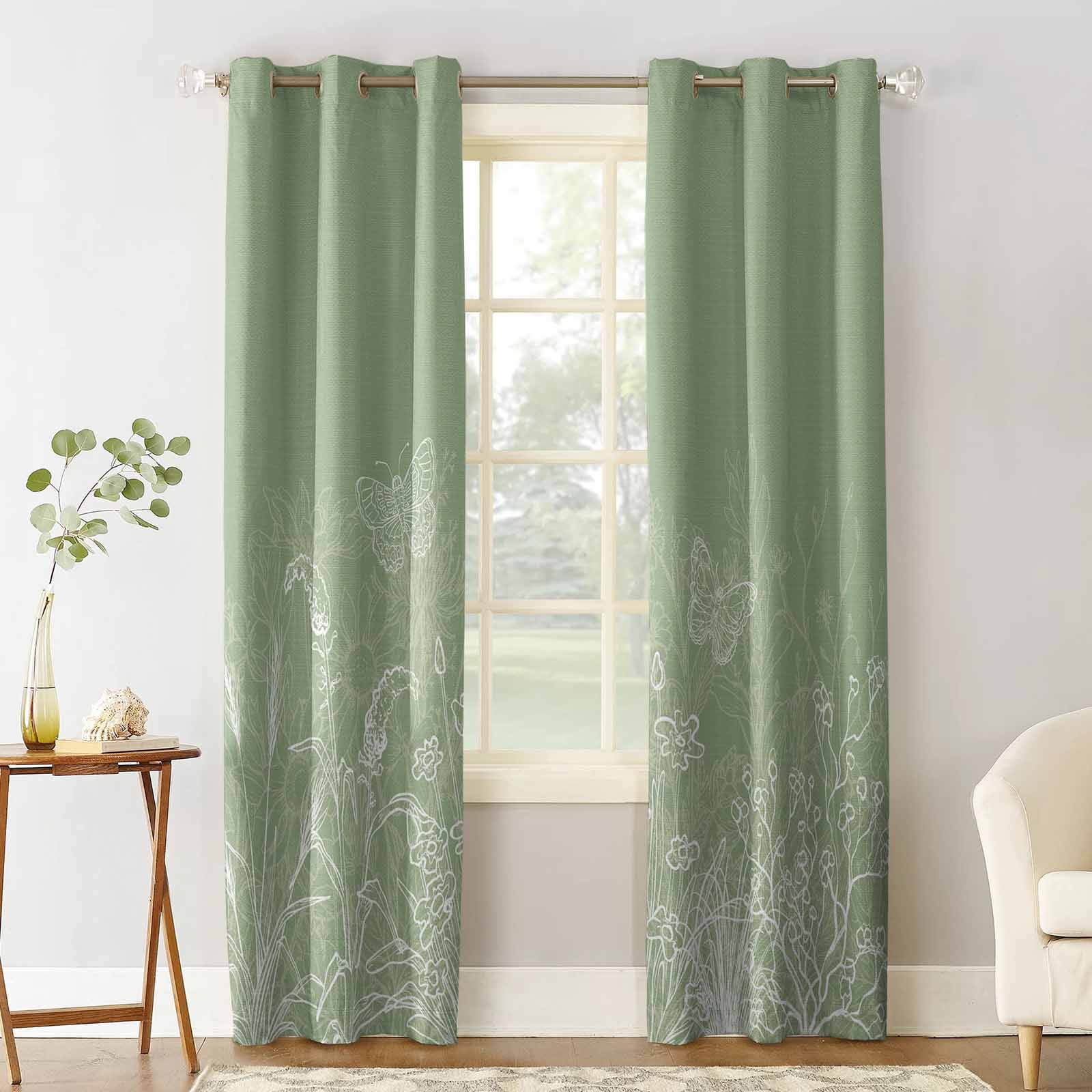 Green Flower Blackout Curtains 39 Inches Length, Botanical Plant Leaf ...