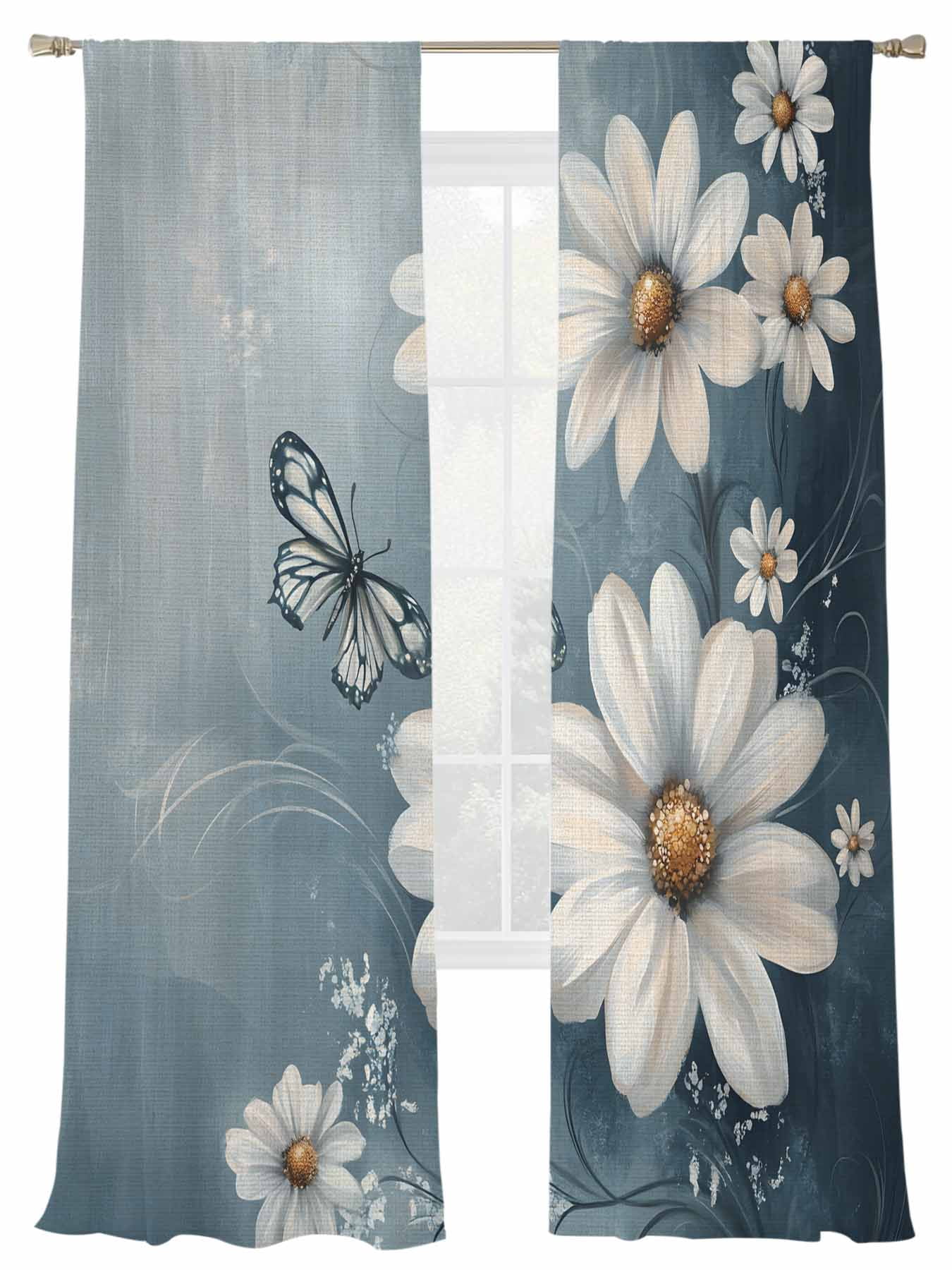 Green Flower Butterfly Sheer Curtains 2 Panels Set Country Farm White ...