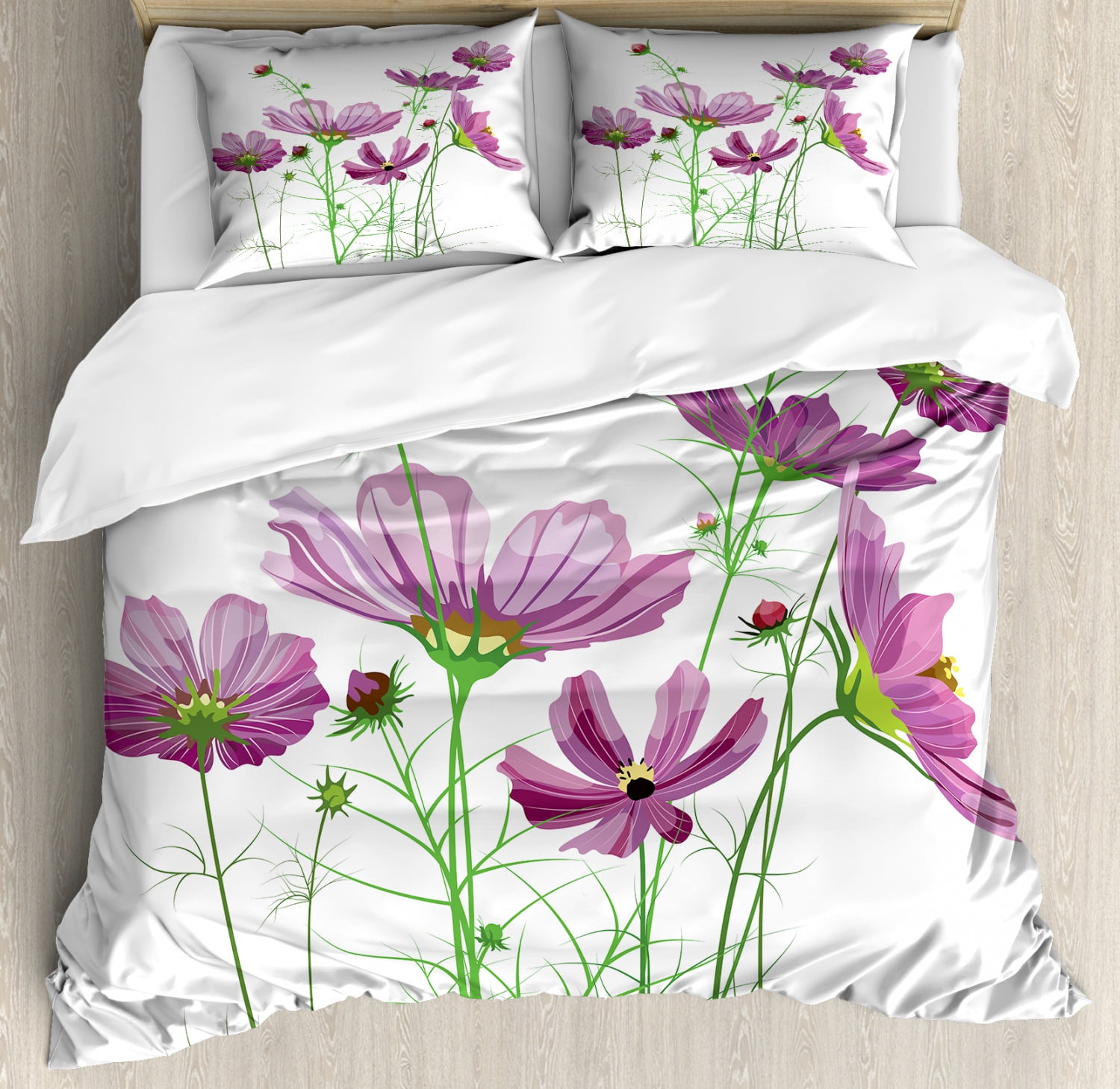 Green Flower Duvet Cover Set King Size, Cosmos Bipinnatus Pattern ...