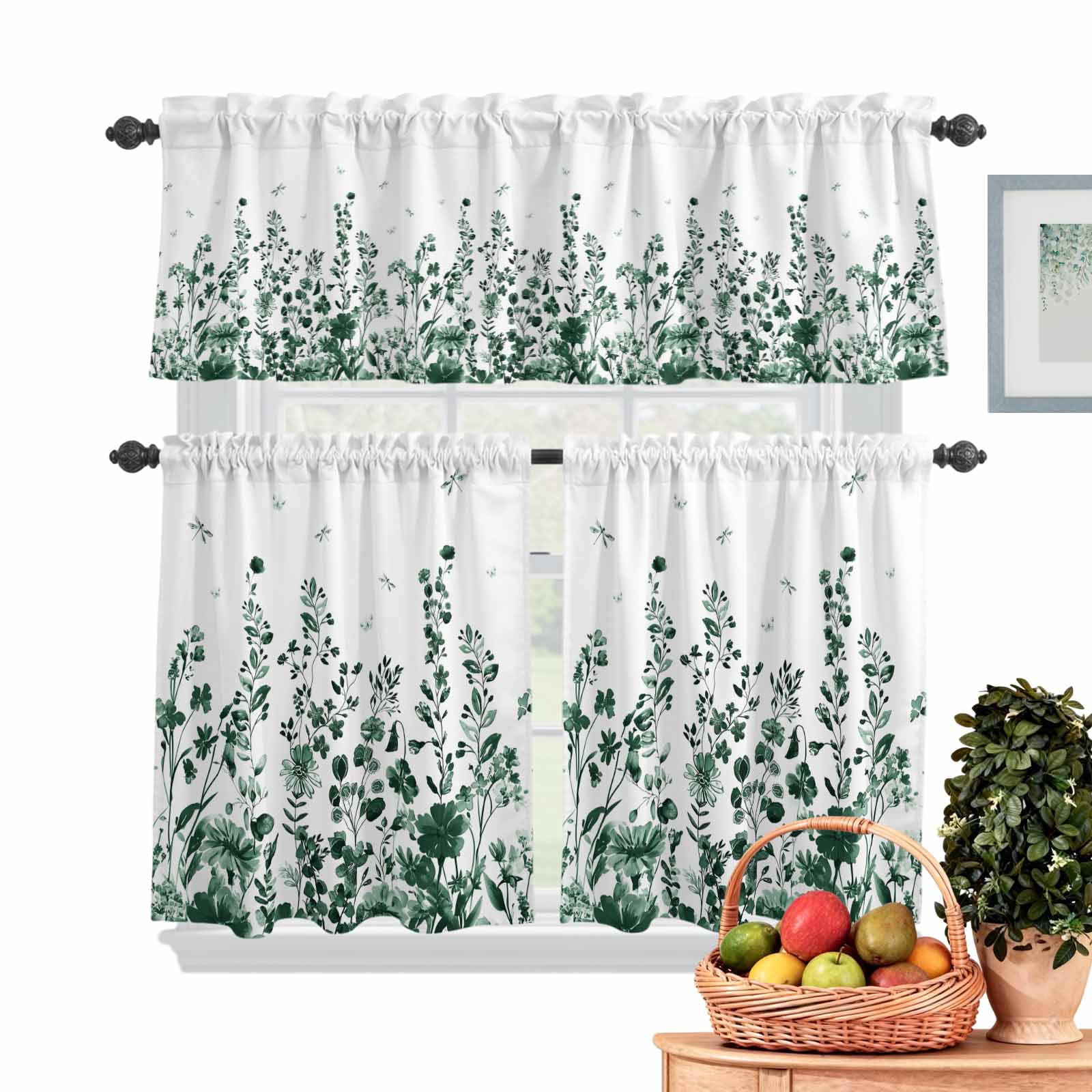 Green Flower Kitchen Curtains Valances 3 Piece Set, Dragonfly Leaf Bud ...