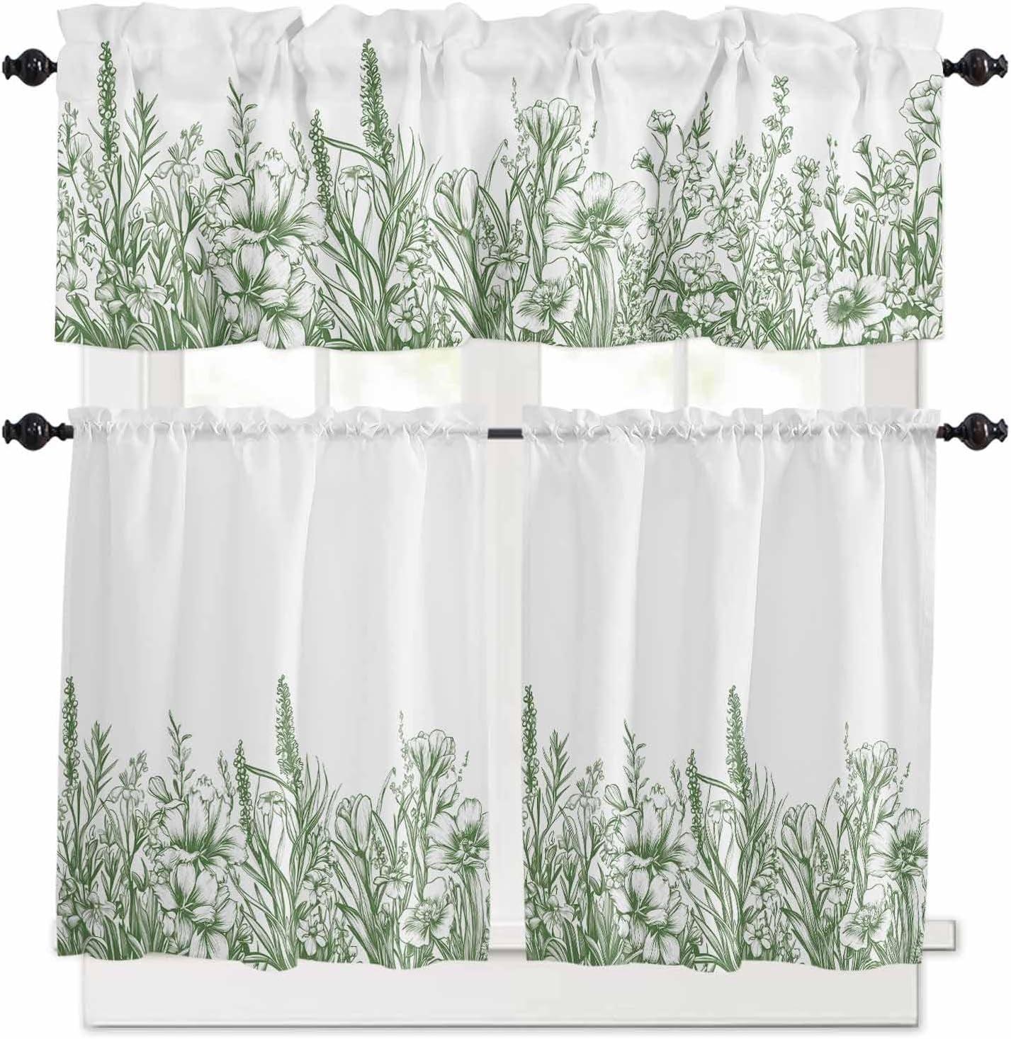 Green Flower Kitchen Curtains and Valances Set, Rod Pocket Curtains ...
