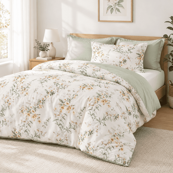 Green Flower Queen Duvet Cover Set, 3-Piece Soft Reversible Cotton ...
