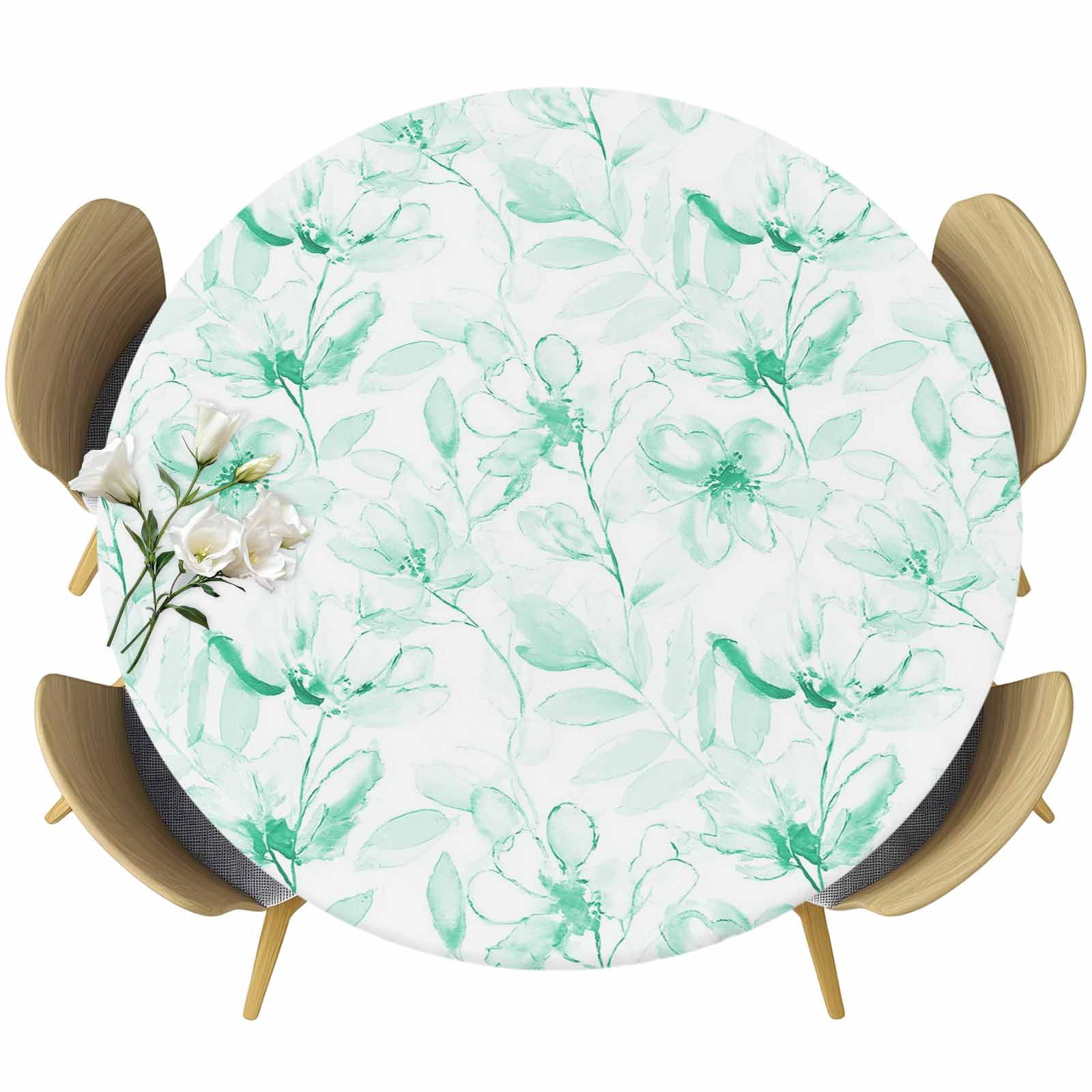 Green Flower Round Tablecloth, Fitted Table Cover with Elastic for 36 ...