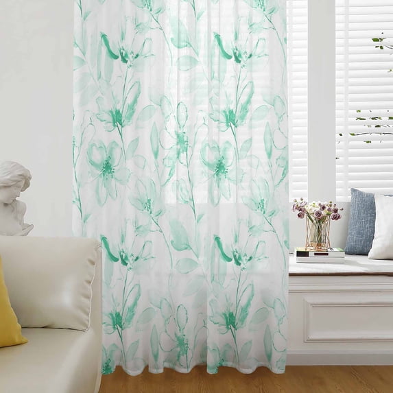 Green Flower Semi Sheer Curtains Drapes for Living Room,Bedroom,French ...