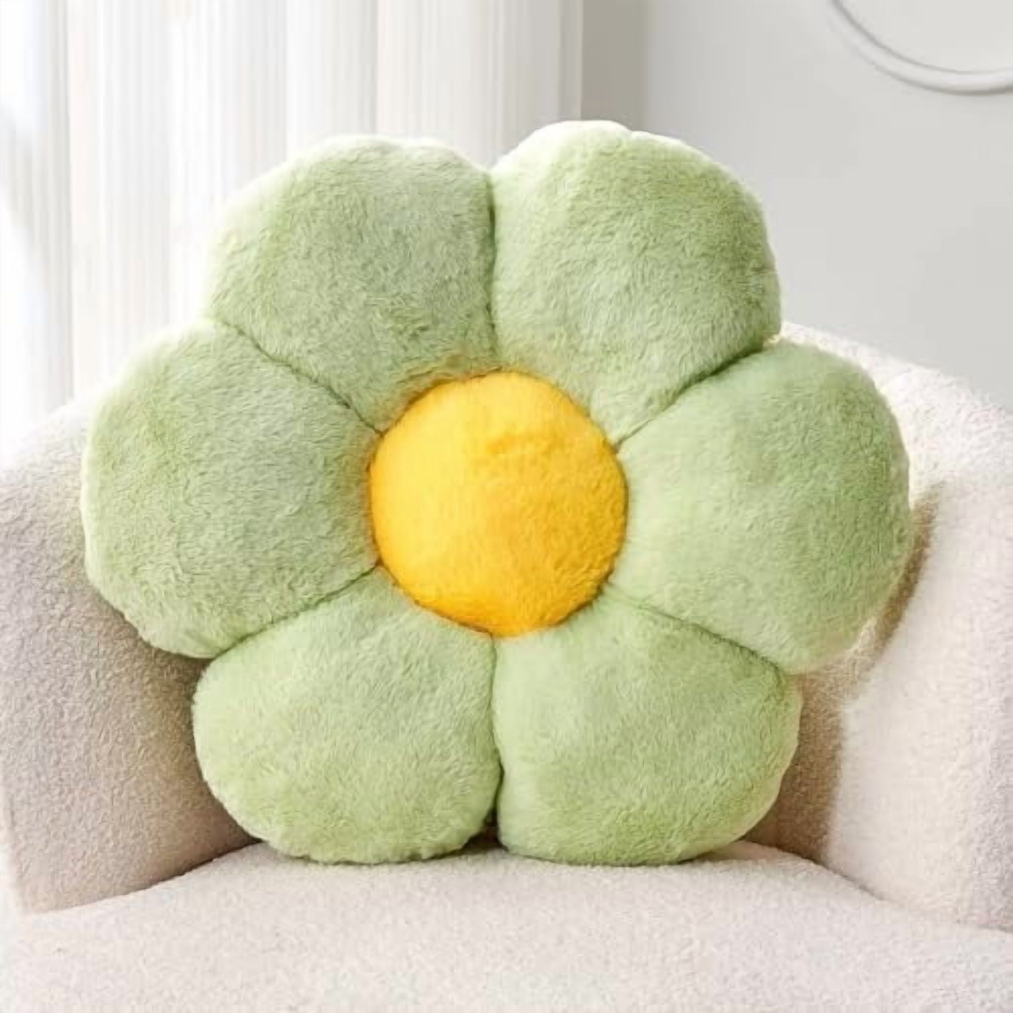 Green Flower Shaped Throw Pillow with Faux Rabbit Fur, 14.9" Soft Plush ...