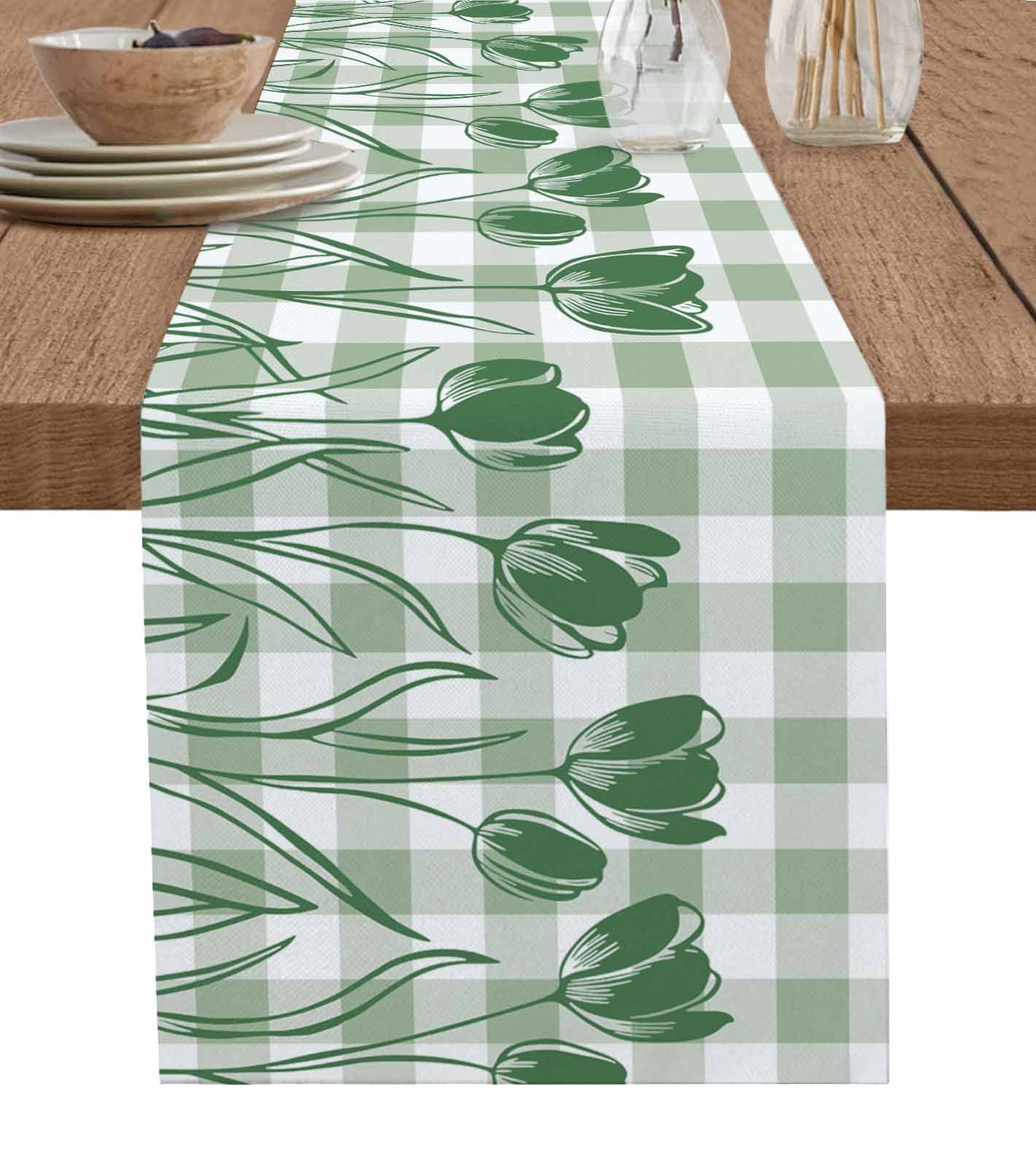 Green Flower Table Runner 72 Inches, Elegant Plaid Floral Lattice ...