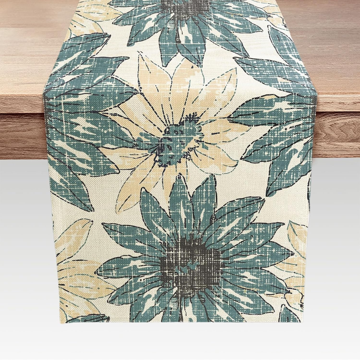 Green Flower Table Runner, Floral Rustic Retro Daisy Vintage Farmhouse ...