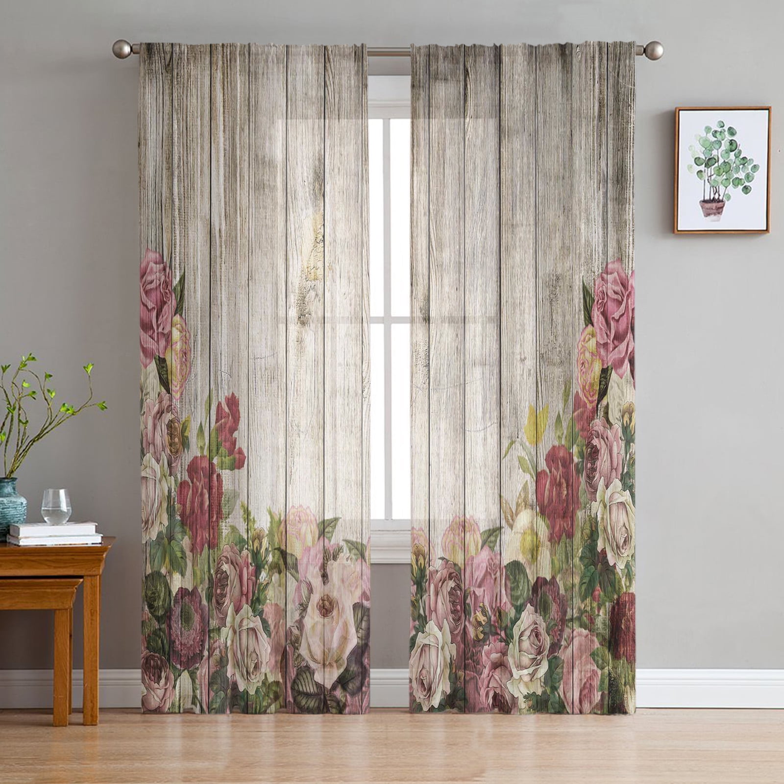 Green Flowers Leaves Plant Pattern Chiffon Sheer Curtains for Living ...