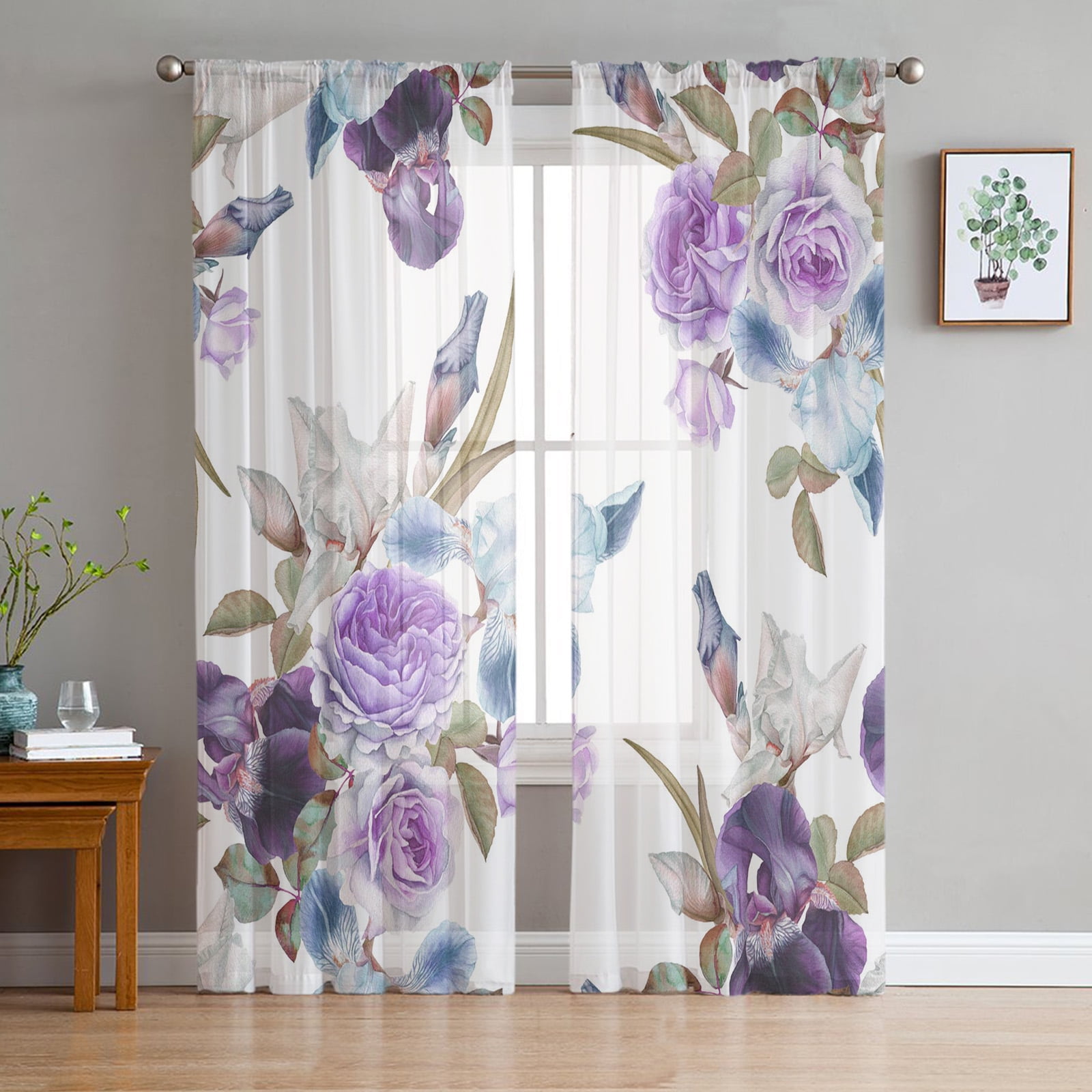 Green Flowers Leaves Plant Pattern Chiffon Sheer Curtains for Living ...