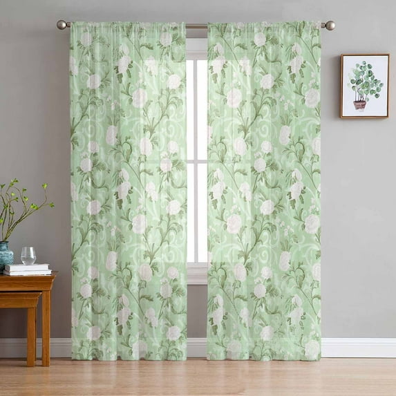 Green Flowers Sheer Curtains 96 Inches Long 2 Panels Set, Window Sheer ...