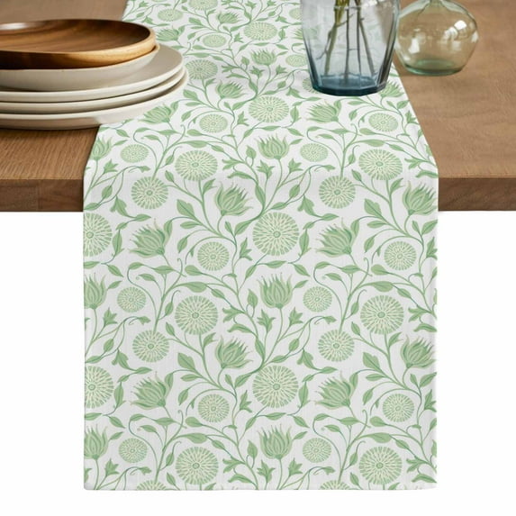 Green Flowers Table Runner, Pastoral Farmhouse Botanical Floral ...
