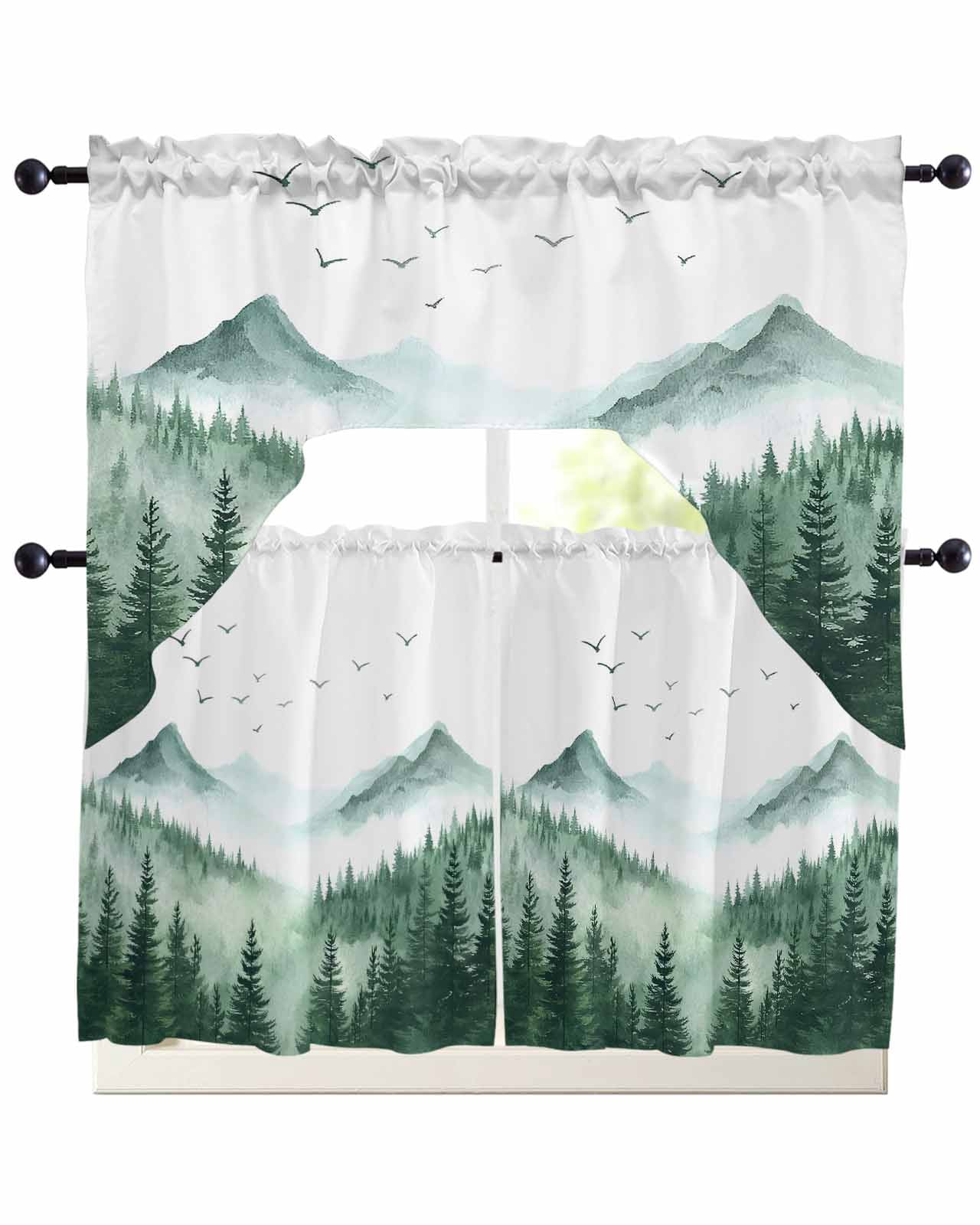 Green Foggy Forest Kitchen Curtains Sets 36 Inch Length with Valance ...