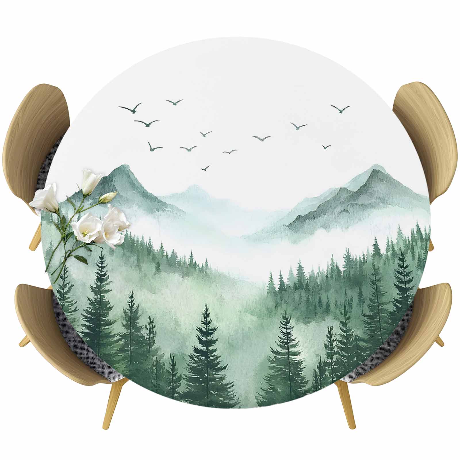 Green Foggy Forest Round Tablecloth 55-60 Inch Round Fitted Table Cloth ...