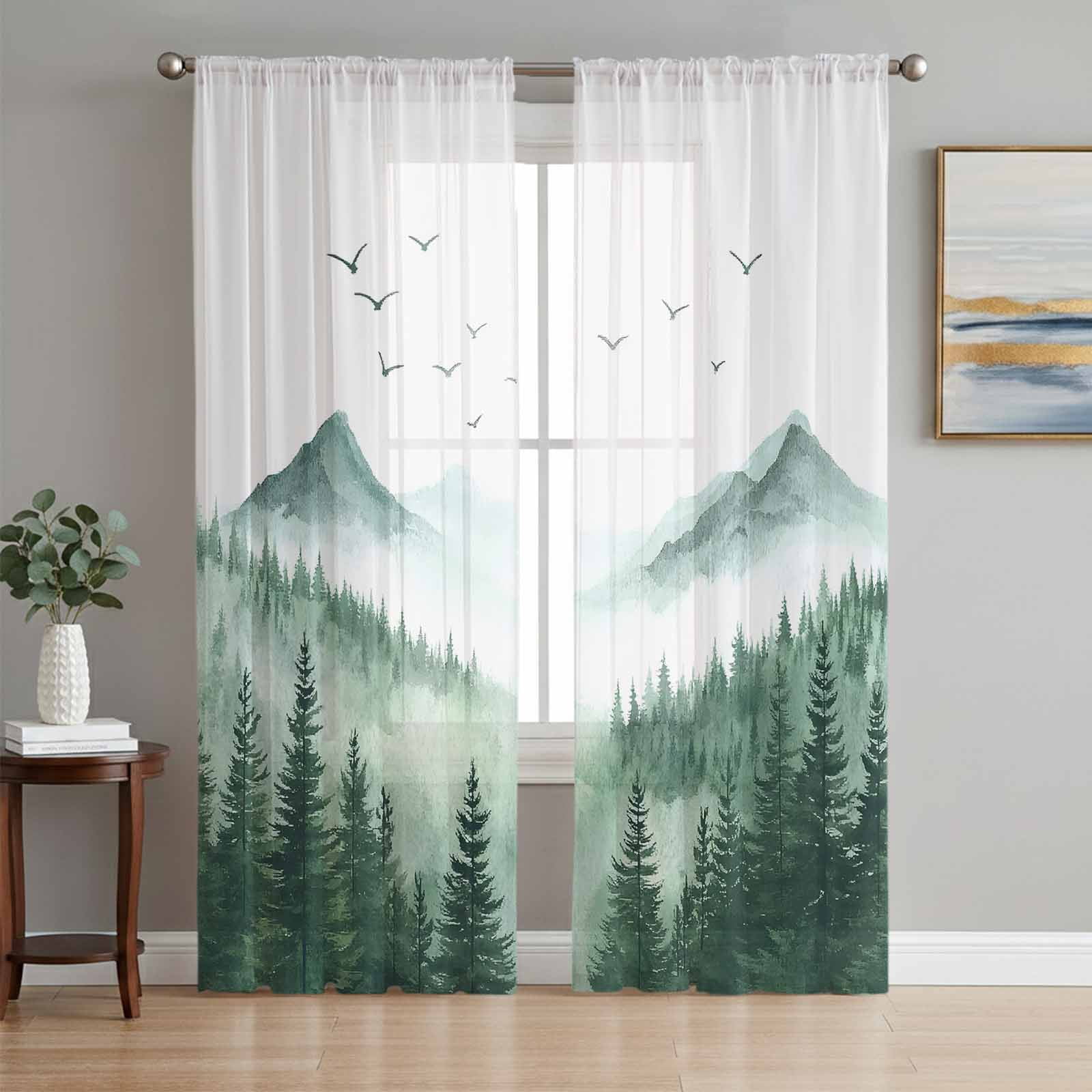 Green Foggy Forest Sheer Curtains 72 Inch Length 2 Panels Set, Mist ...