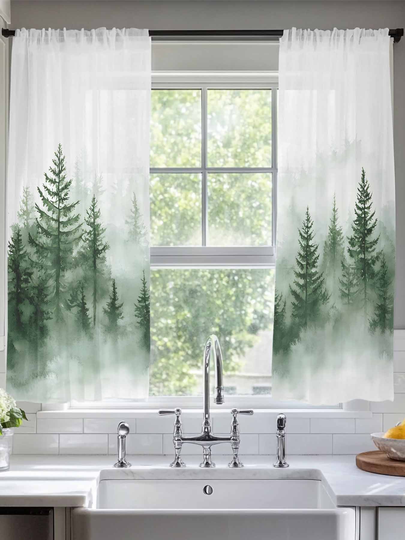 Green Foggy Forest Sheer Curtains for Living Room Bedroom Watercolor ...