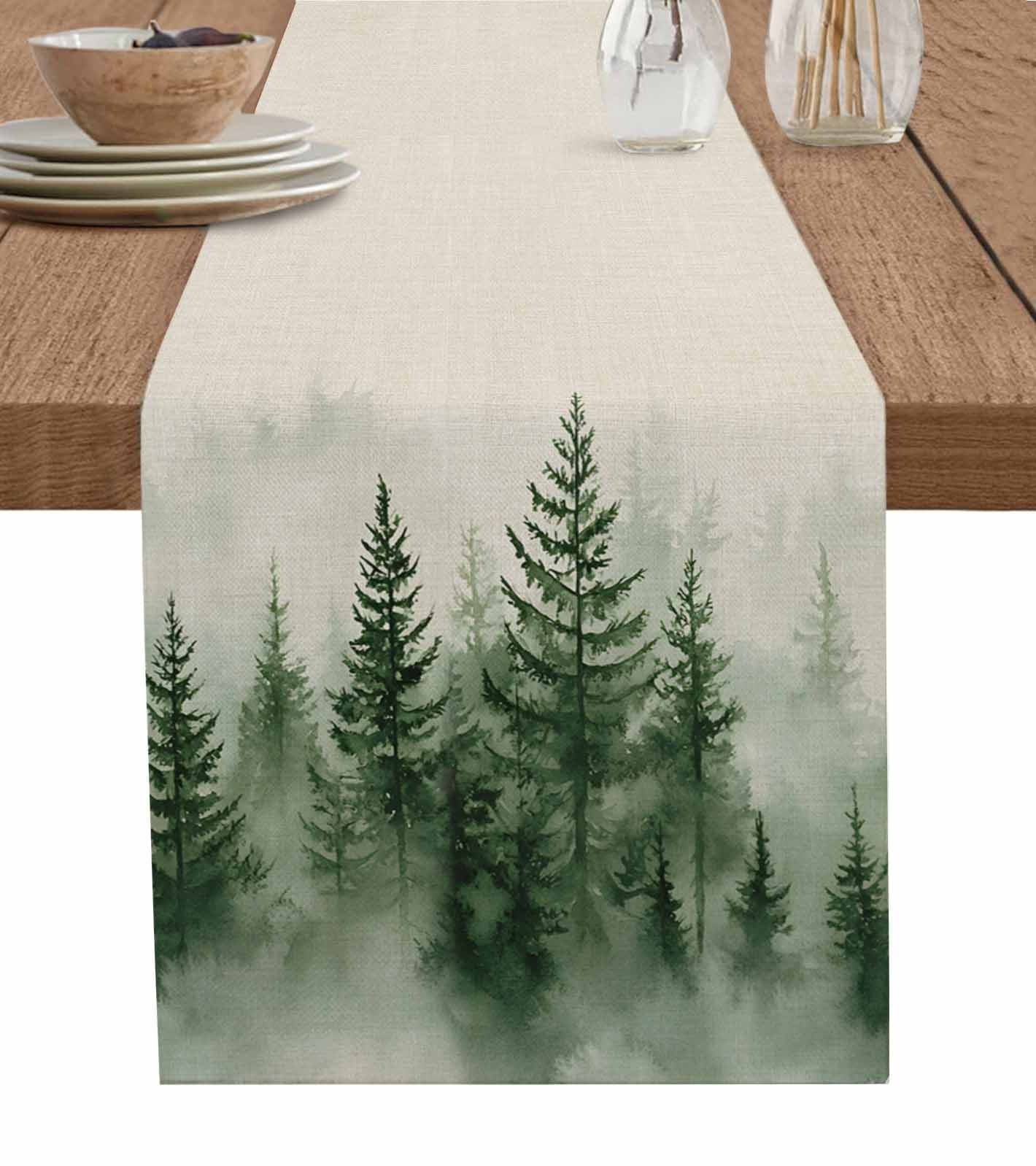 Green Foggy Forest Table Runner 72 Inches, Watercolor Mist Mountains ...