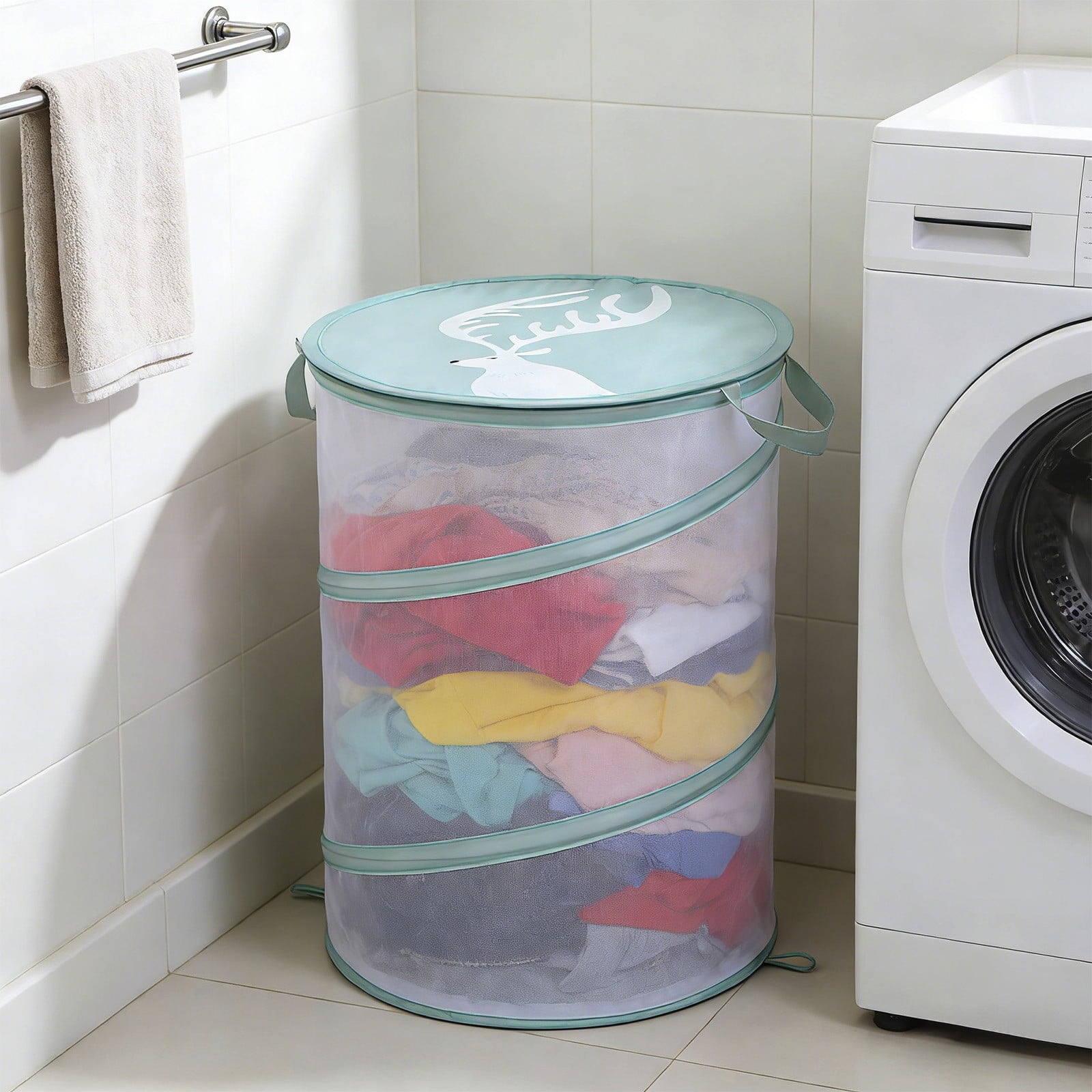 Green Foldable Mesh Laundry Basket Bag - Spacious Breathable Storage ...