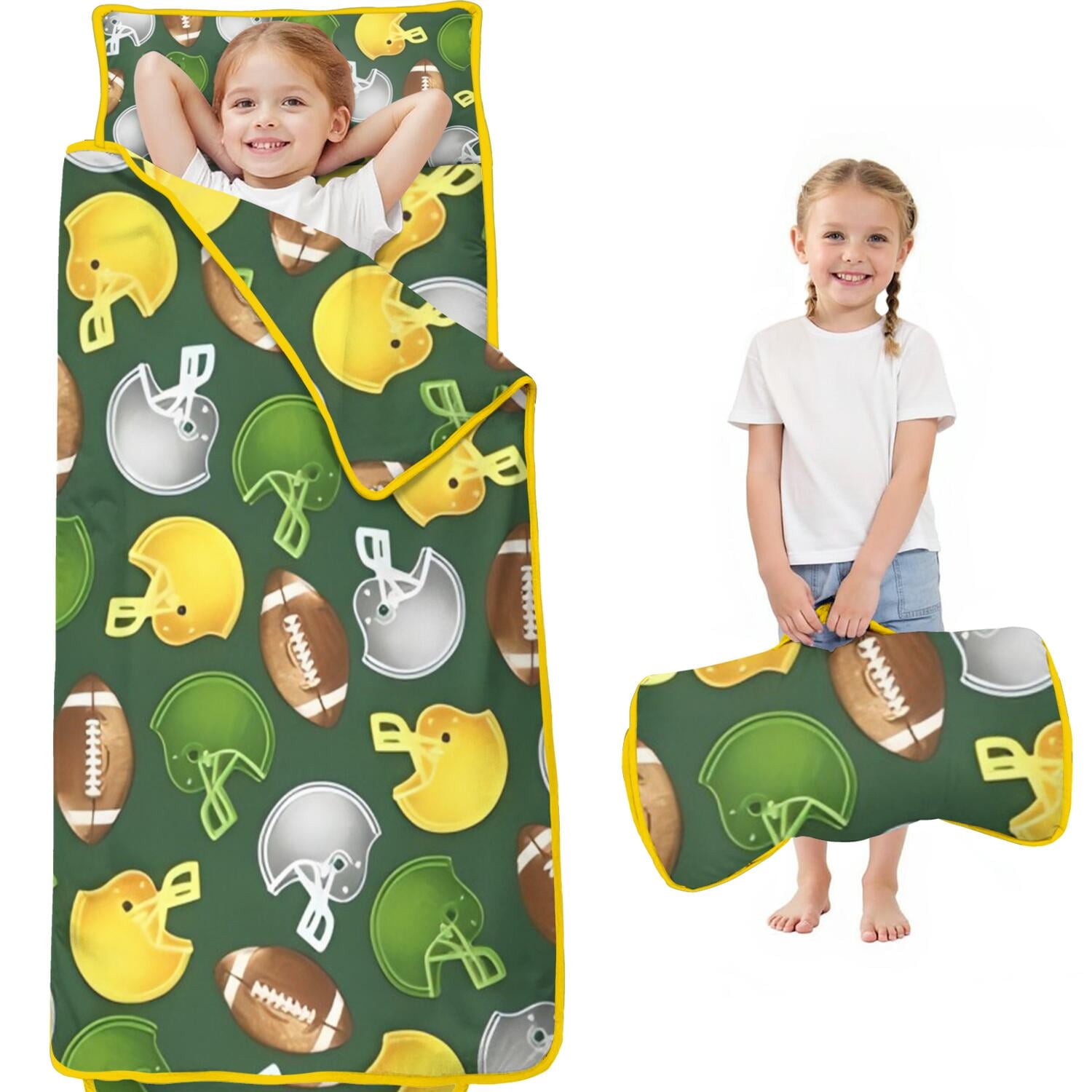 Green Football Helmets and Balls Pattern Toddler Nap Mats for Kids ...