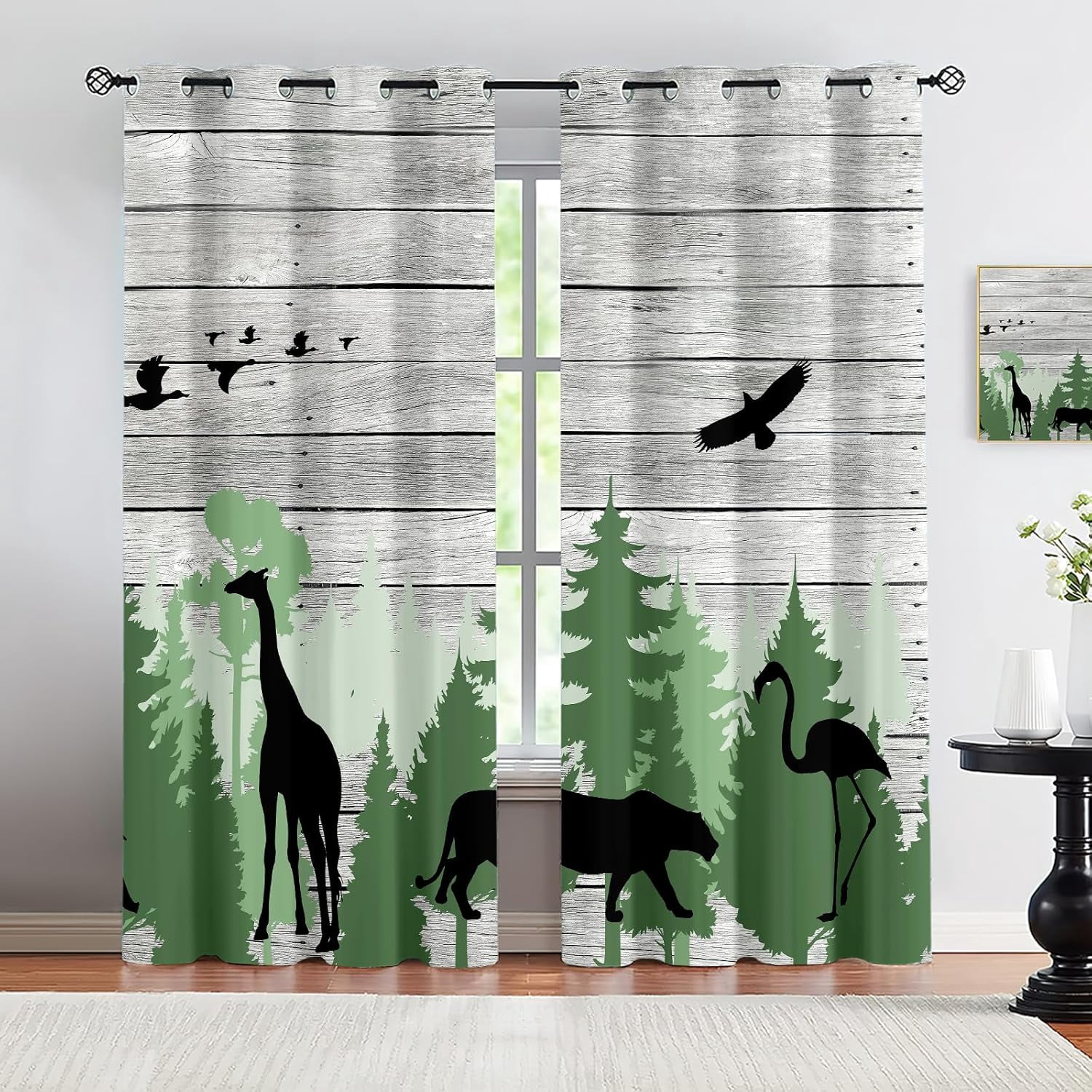 Green Forest 3D Printed Blackout Curtains, Rustic Wood Panel Farmhouse ...