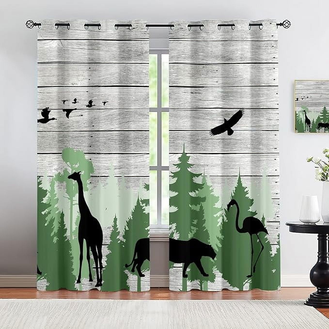 Green Forest 3D Printing Blackout Curtains, Antique Wood Planks ...