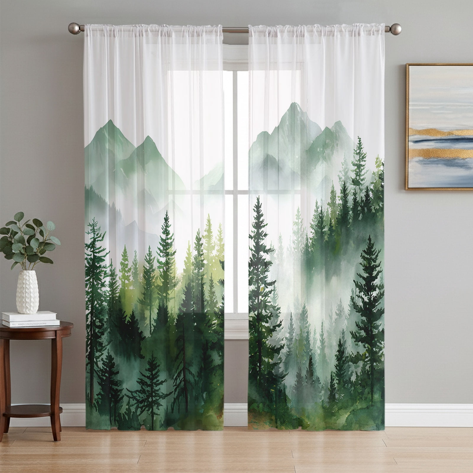 Green Forest Art Sheer Curtains for Living Room Bedroom Ink Mountain ...