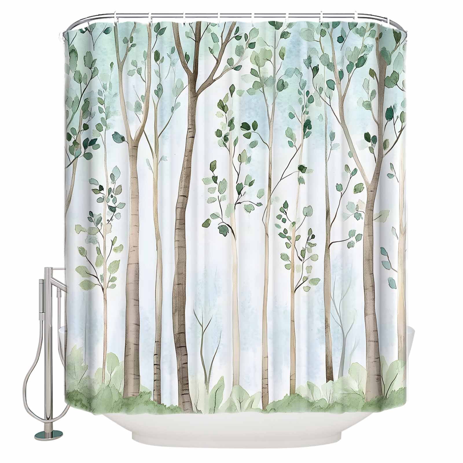 Green Forest Bathroom Shower Curtains with 12 Hooks Polyester ...