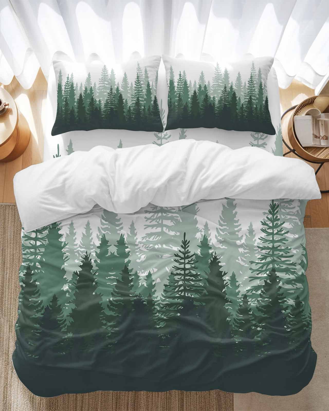 Green Forest Bedding Duvet Cover Set Twin 4 Pieces Nature Woodland Tree ...