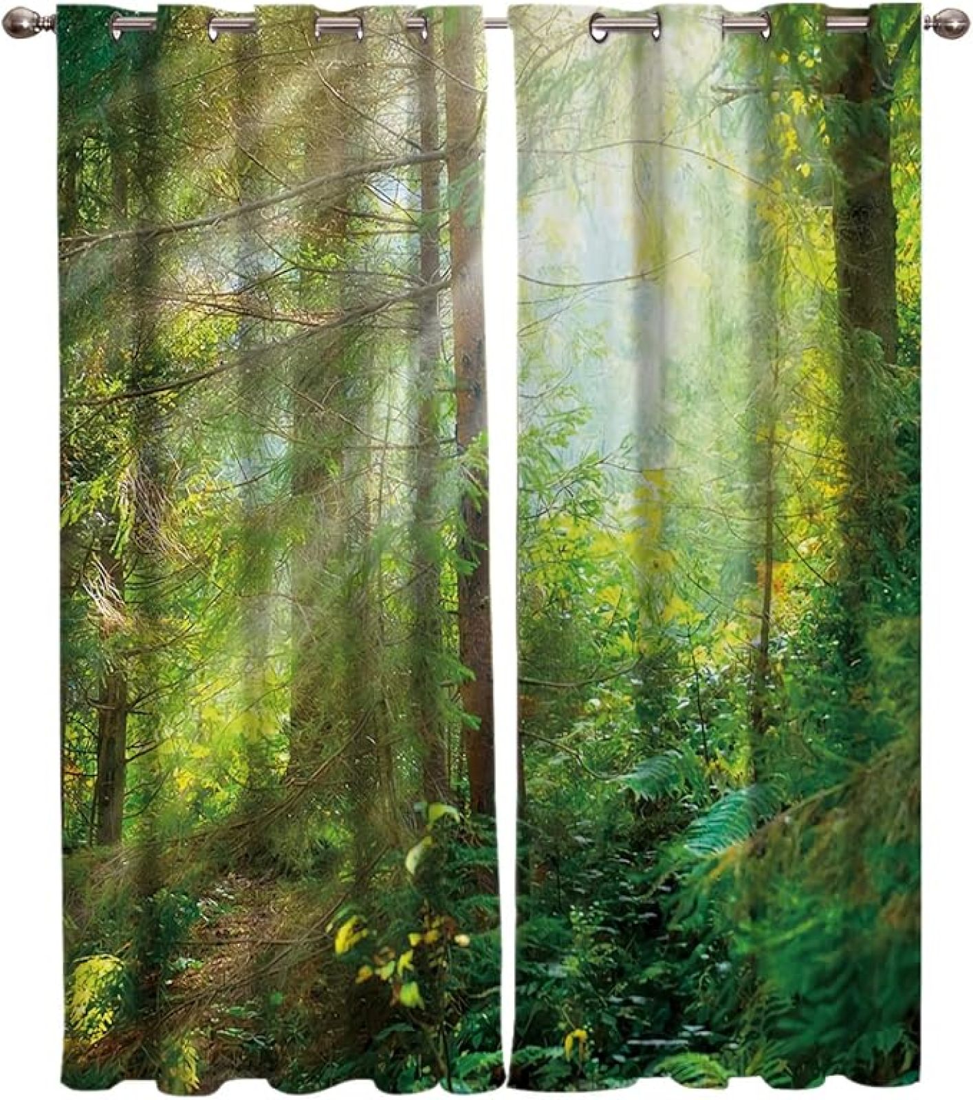 Green Forest Blackout Curtains, 3D Trees Sunlight Print Window Curtains ...