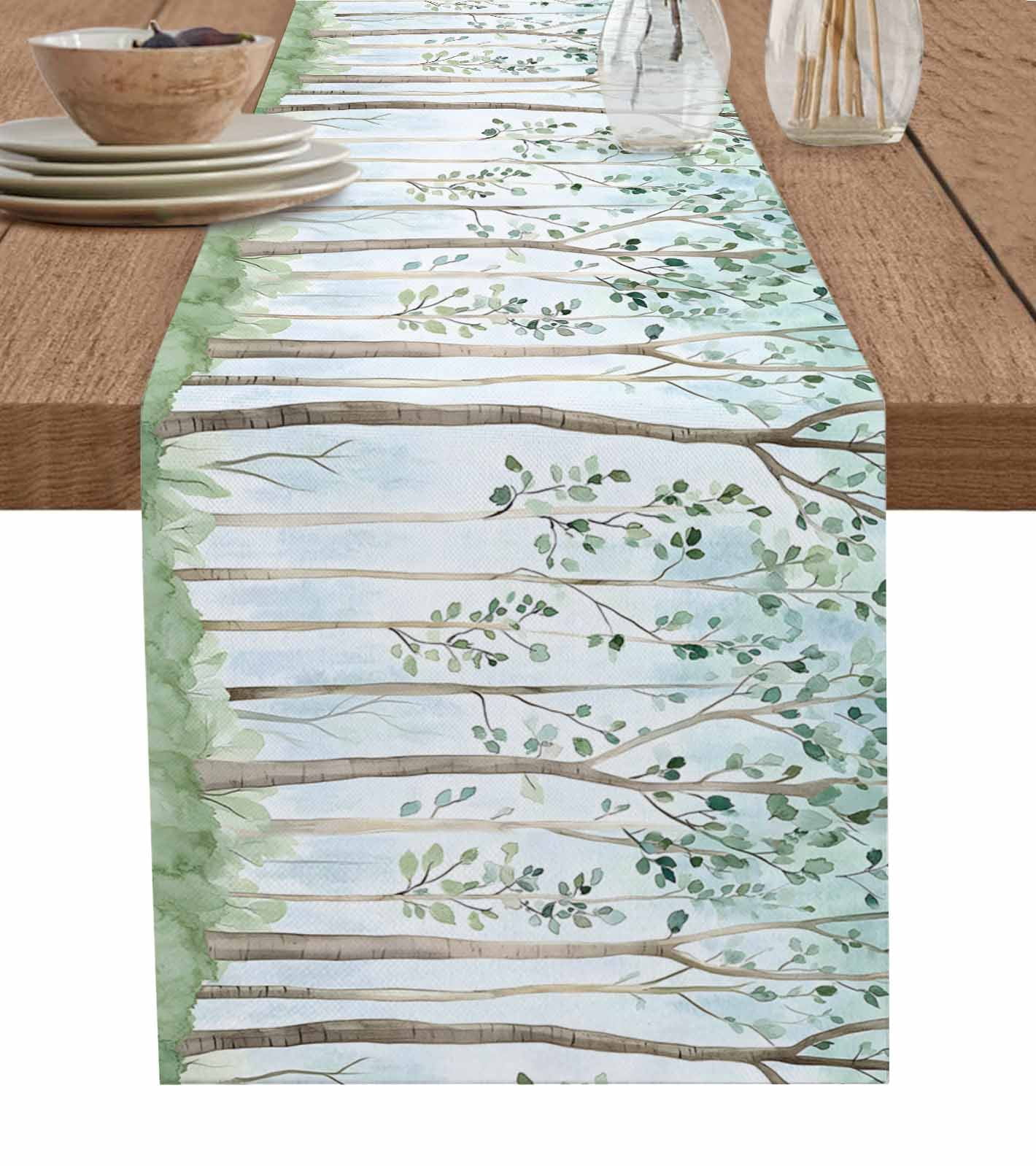 Green Forest Burlap Cotton Table Runner 14x72 Inches Long, Watercolor ...