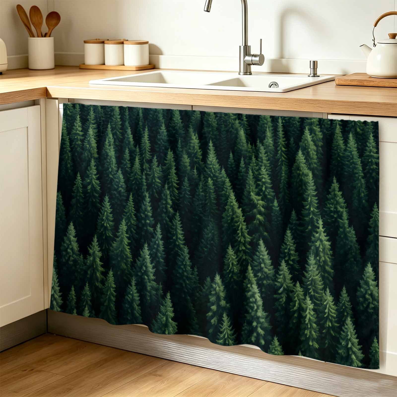 Green Forest Cabinet Curtains for Shelves, Modern Pine Trees Mysterious ...