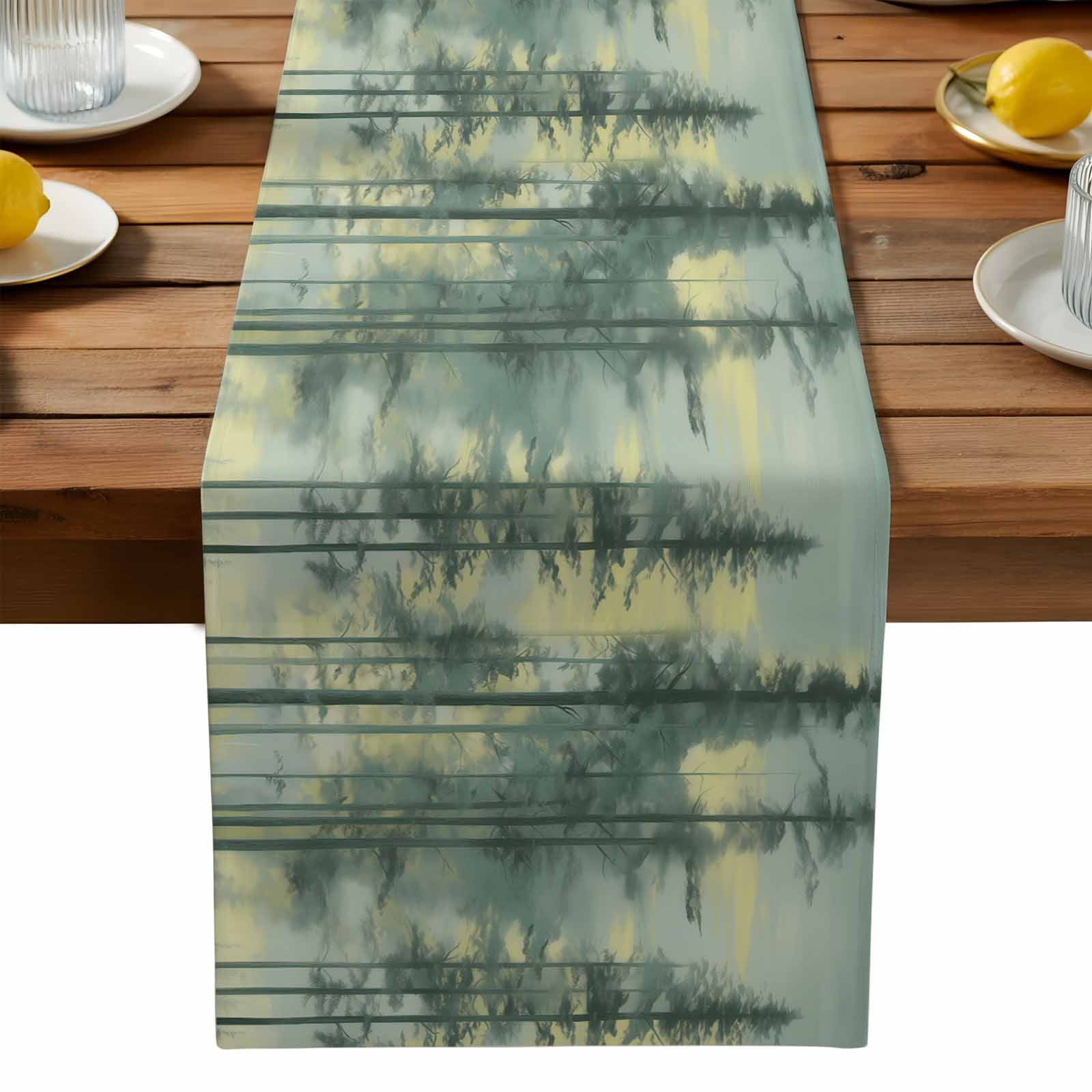 Green Forest Cotton Linen Table Runner for Dining Kitchen, Modern Oil ...