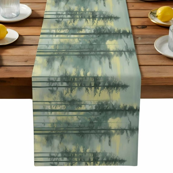 Green Forest Cotton Linen Table Runner for Dining Kitchen, Modern Oil Painting Art Botanical ...