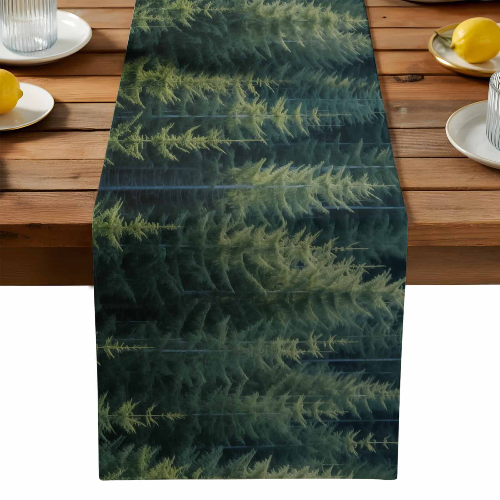 Green Forest Cotton Linen Table Runner for Dining Kitchen, Pine Tree ...