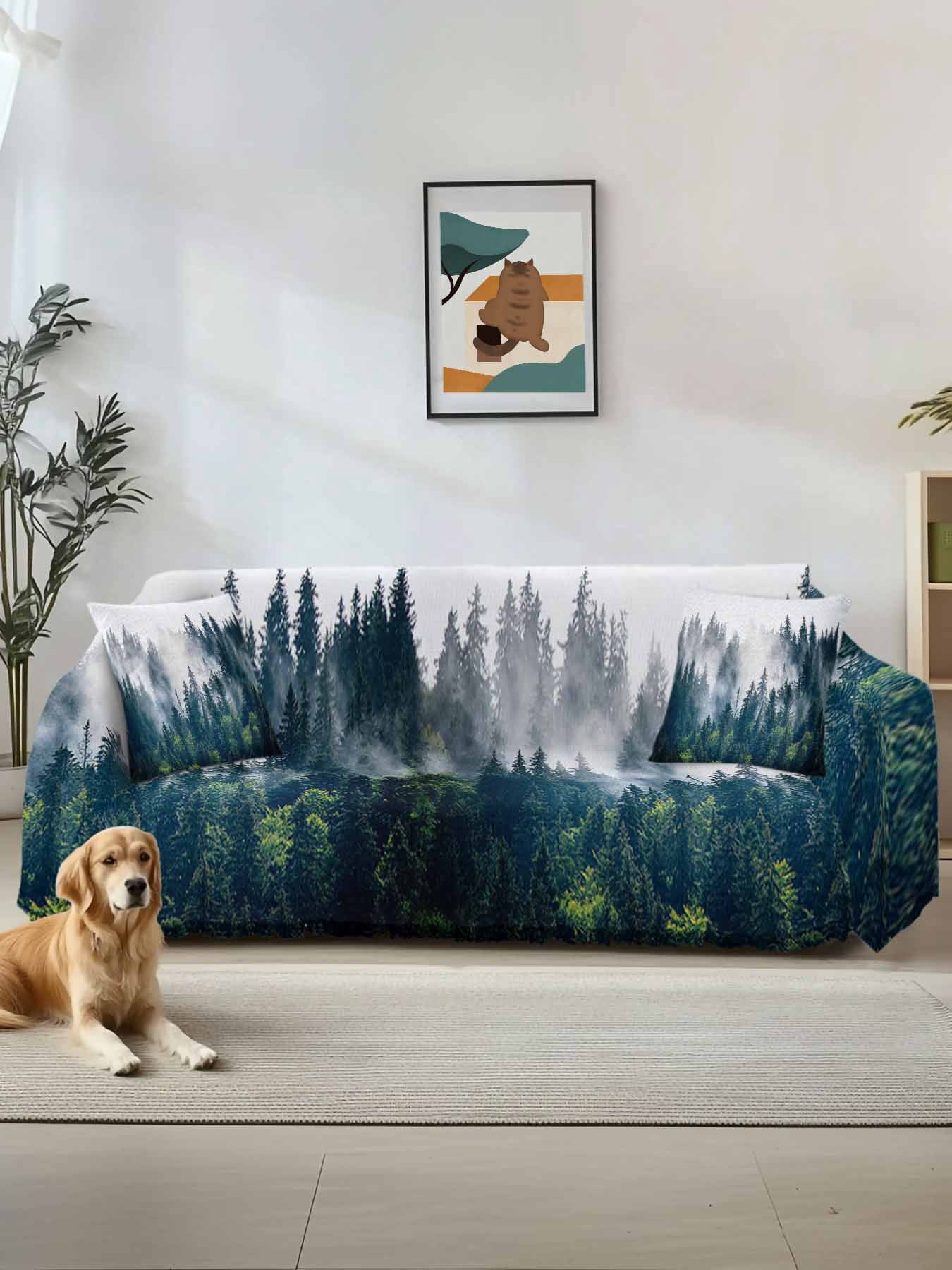 Green Forest Couch Cover, Natural Landscape Modern Abstract Art Sofa ...