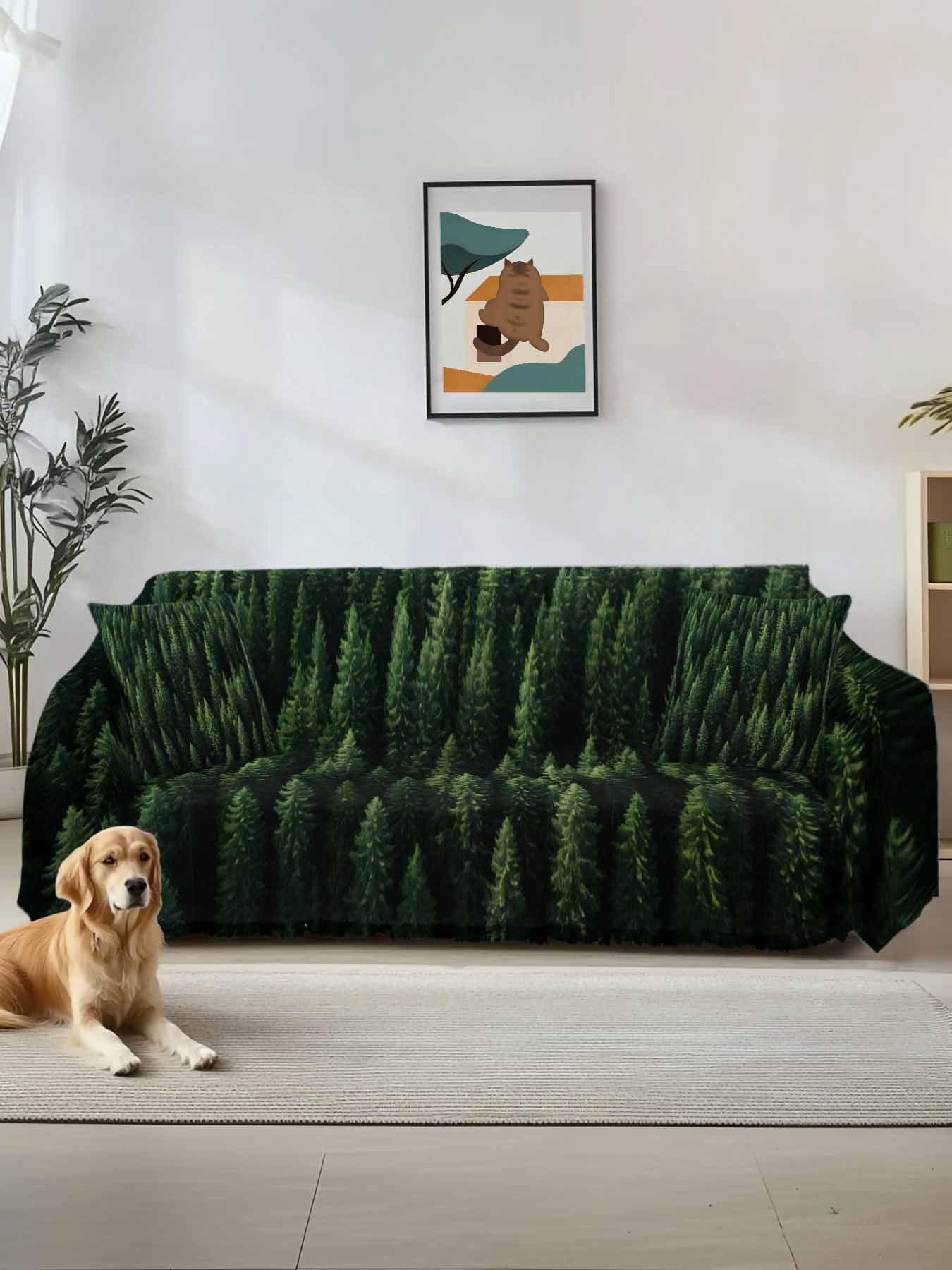 Green Forest Couch Cover, Pine Trees Modern Mysterious Art Oversized ...
